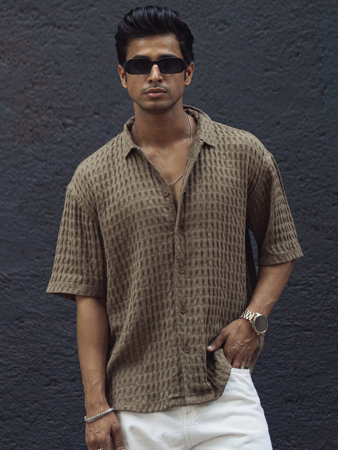 Buy Powerlook Brown Self Design Checked Oversized Casual Shirt - Shirts ...