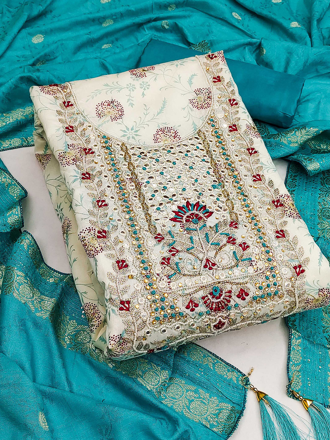 Buy Ishin Floral Woven Design Pure Cotton Unstitched Dress Material ...