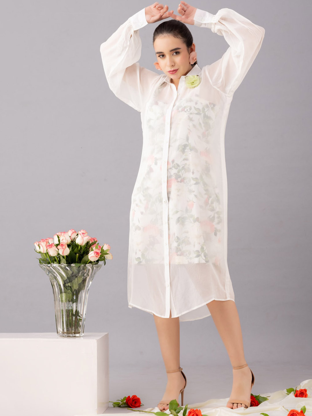 Buy KOVET Rosarium Floral Printed Cuffed Sleeves Organza A Line Shirt ...