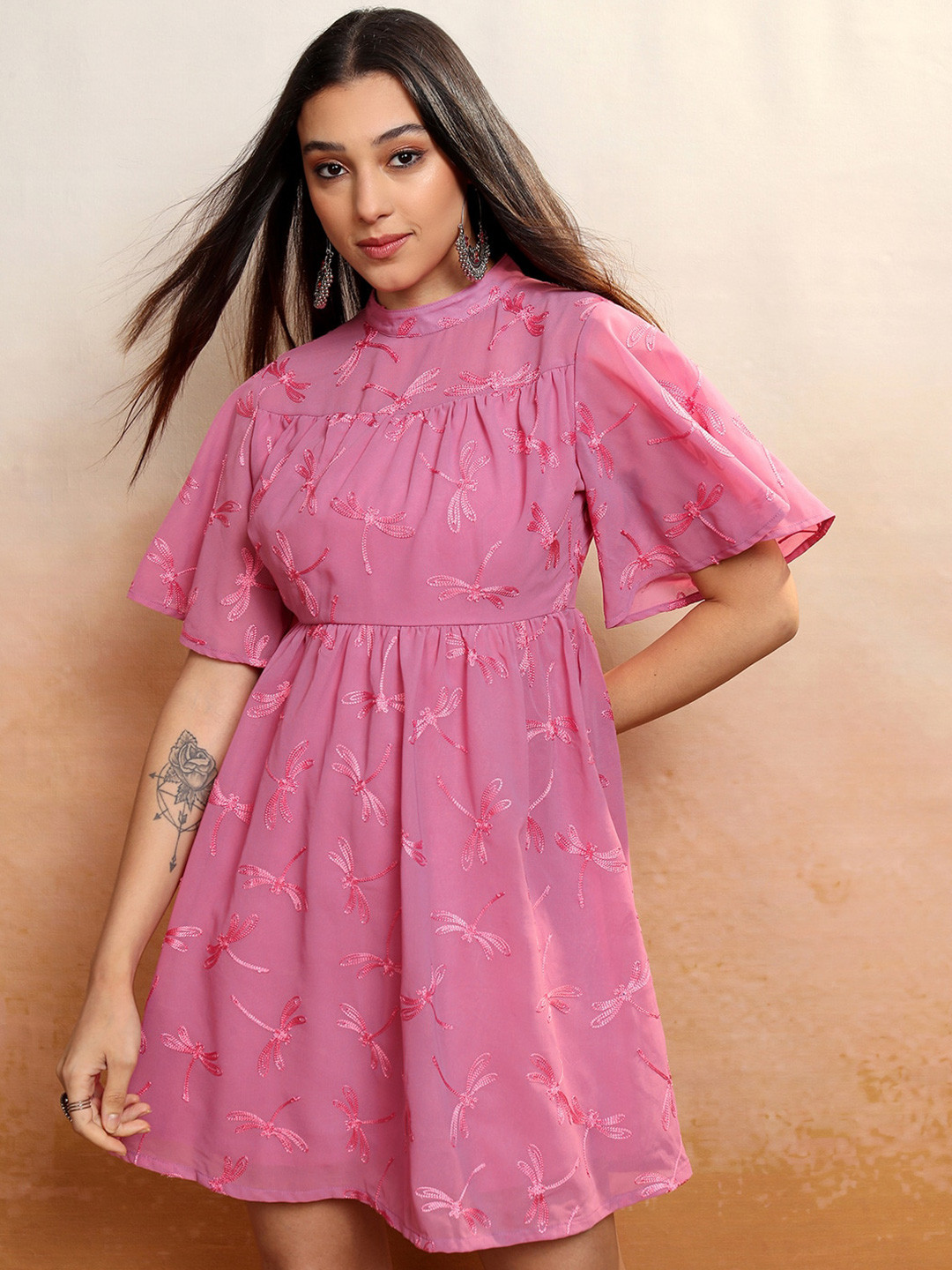 Buy Vishudh Pink Embroidered High Neck Flared Sleeves Gathered Fit ...