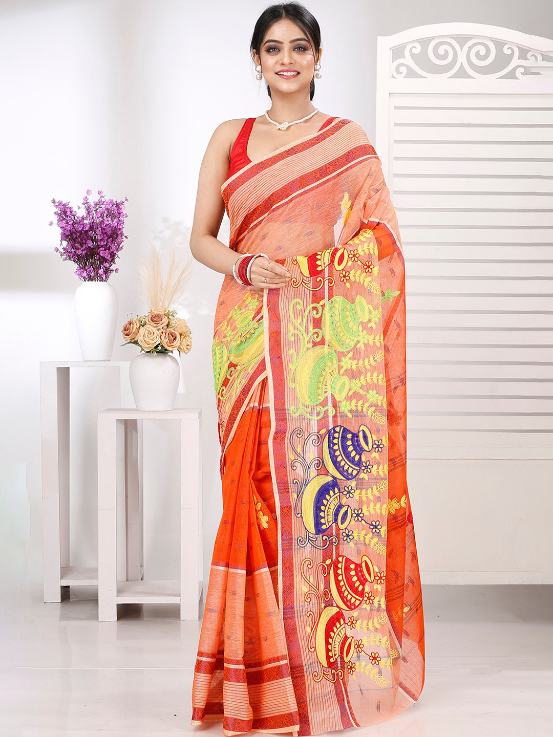 Buy DipDiya Ethnic Motifs Embroidered Pure Cotton Taant Saree - Sarees ...