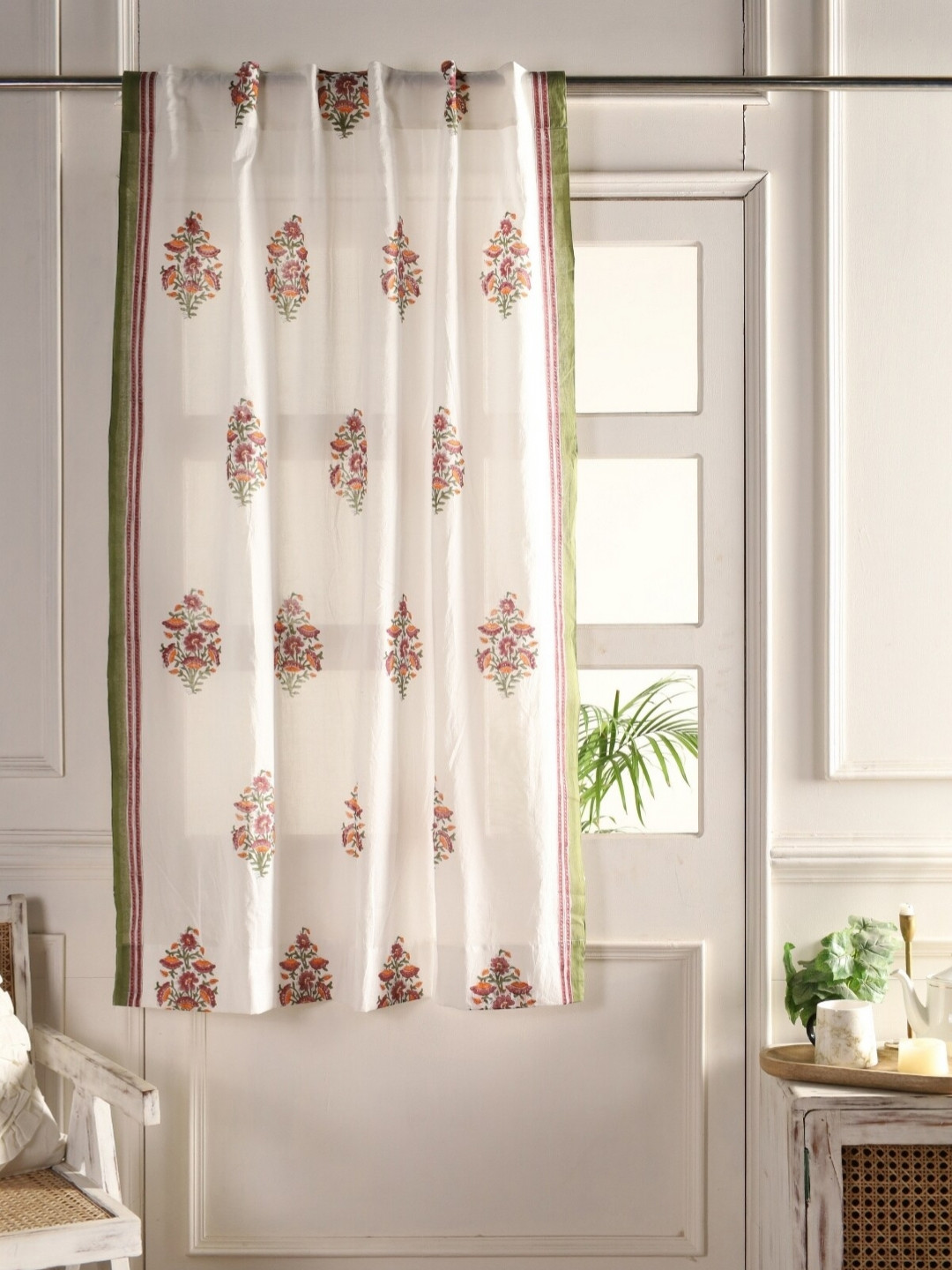 Buy Peepul Tree White, Orange & Red Floral Printed Sheer Cotton Door ...
