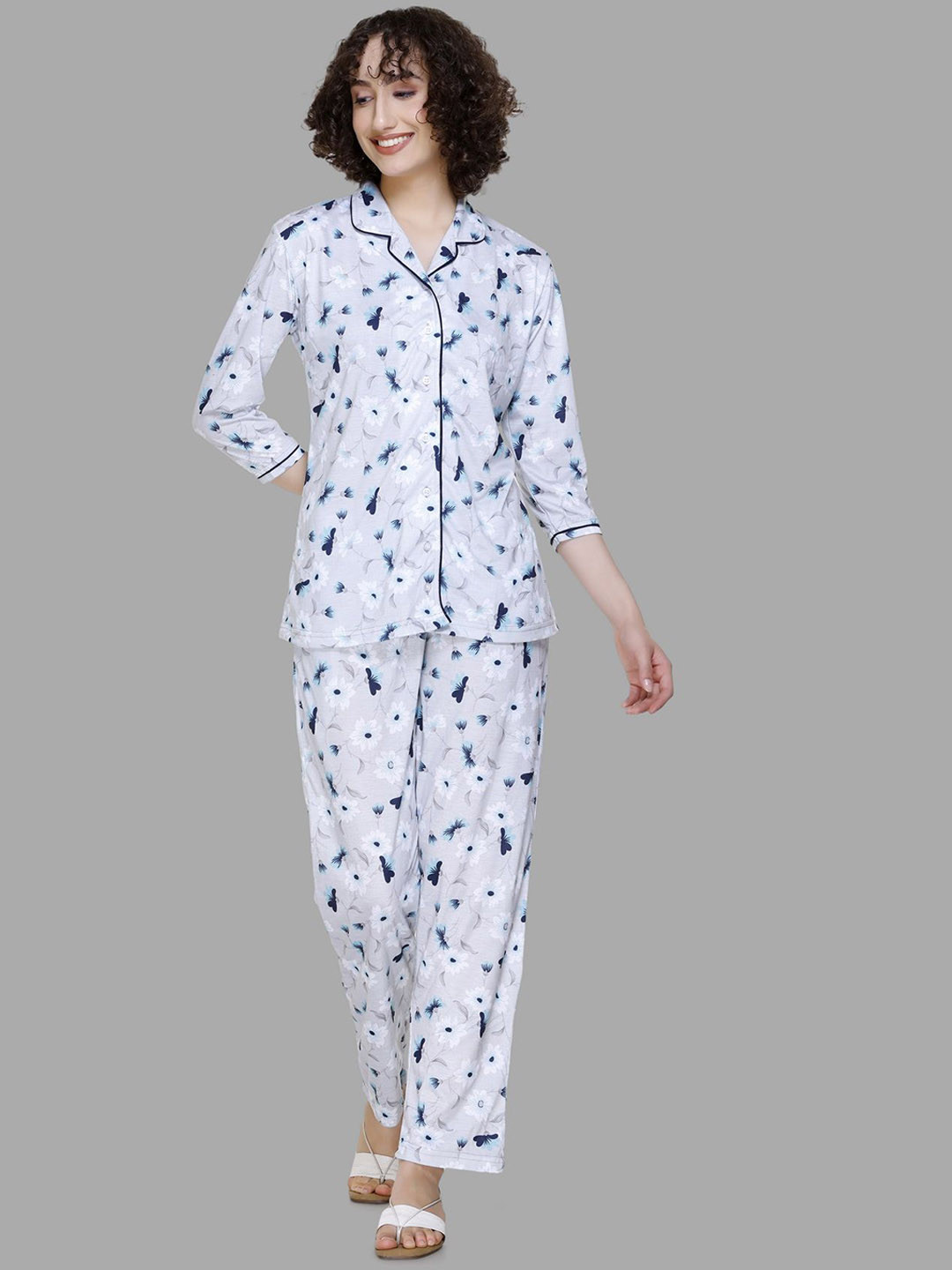 Buy BAESD Floral Printed Cuban Collar Shirt & Pyjamas Night Suits Set ...