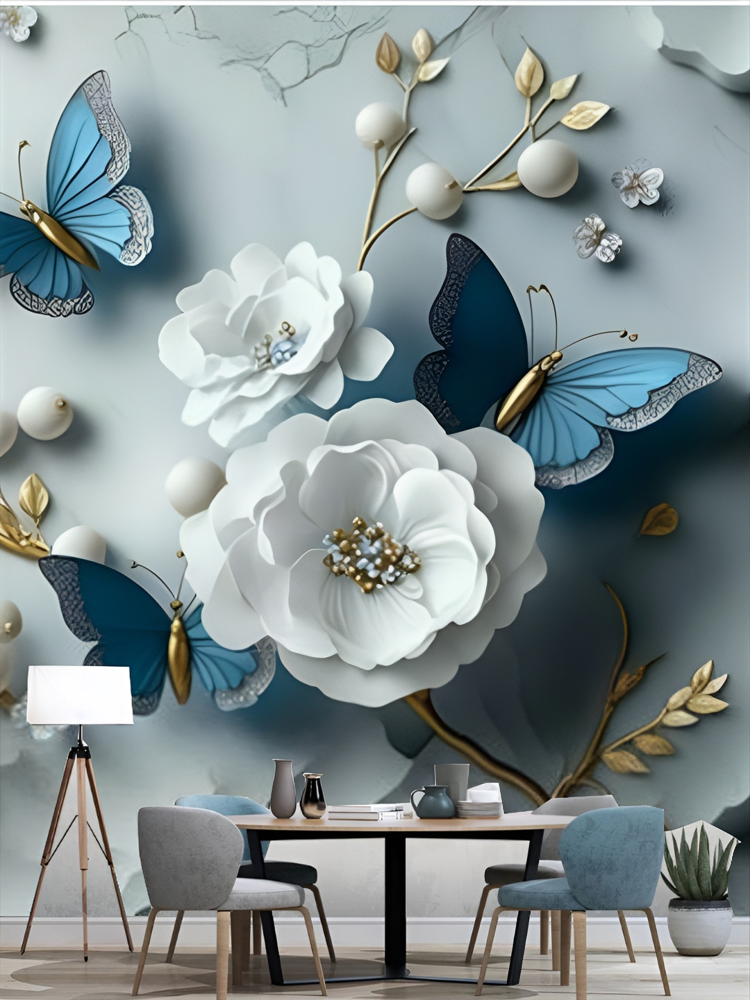 Buy Aura Blue & White Floral Printed Self Adhesive 3D Wall Stickers ...