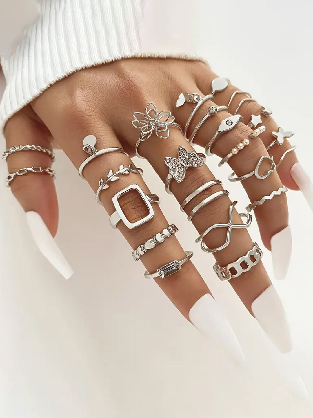 Buy Jewels Galaxy Set Of 23 Silver Plated Adjustable Finger Rings ...