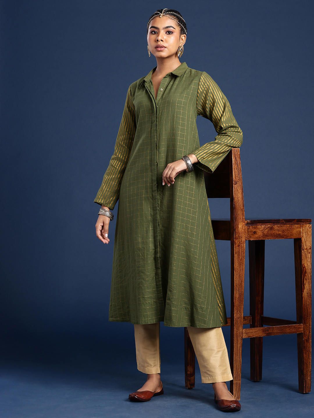 Buy Taavi Woven Legacy Checked Shirt Collar A Line Kurta - Kurtas for ...