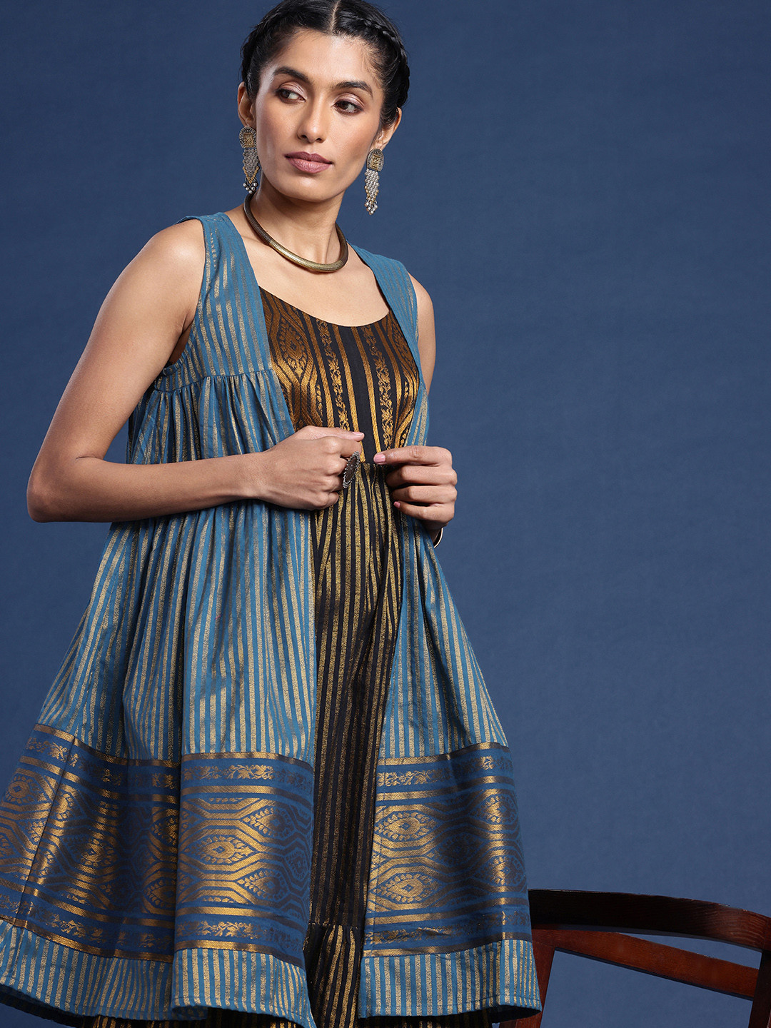 Buy Taavi Striped Gathers Longline Woven Legacy Shrug - Shrug for Women ...