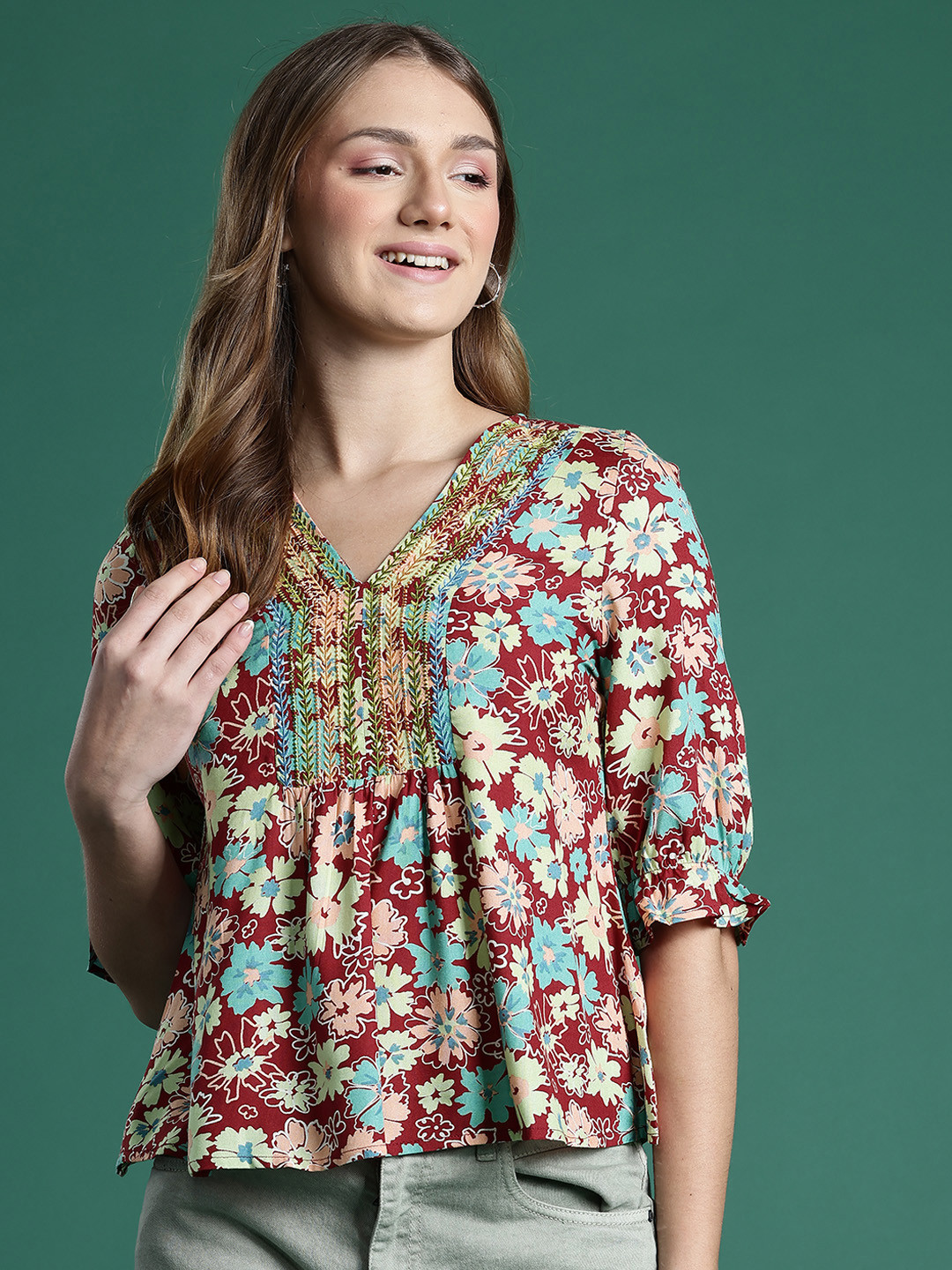 Buy DressBerry Embroidered Detail Floral Printed Puff Sleeve Top - Tops ...