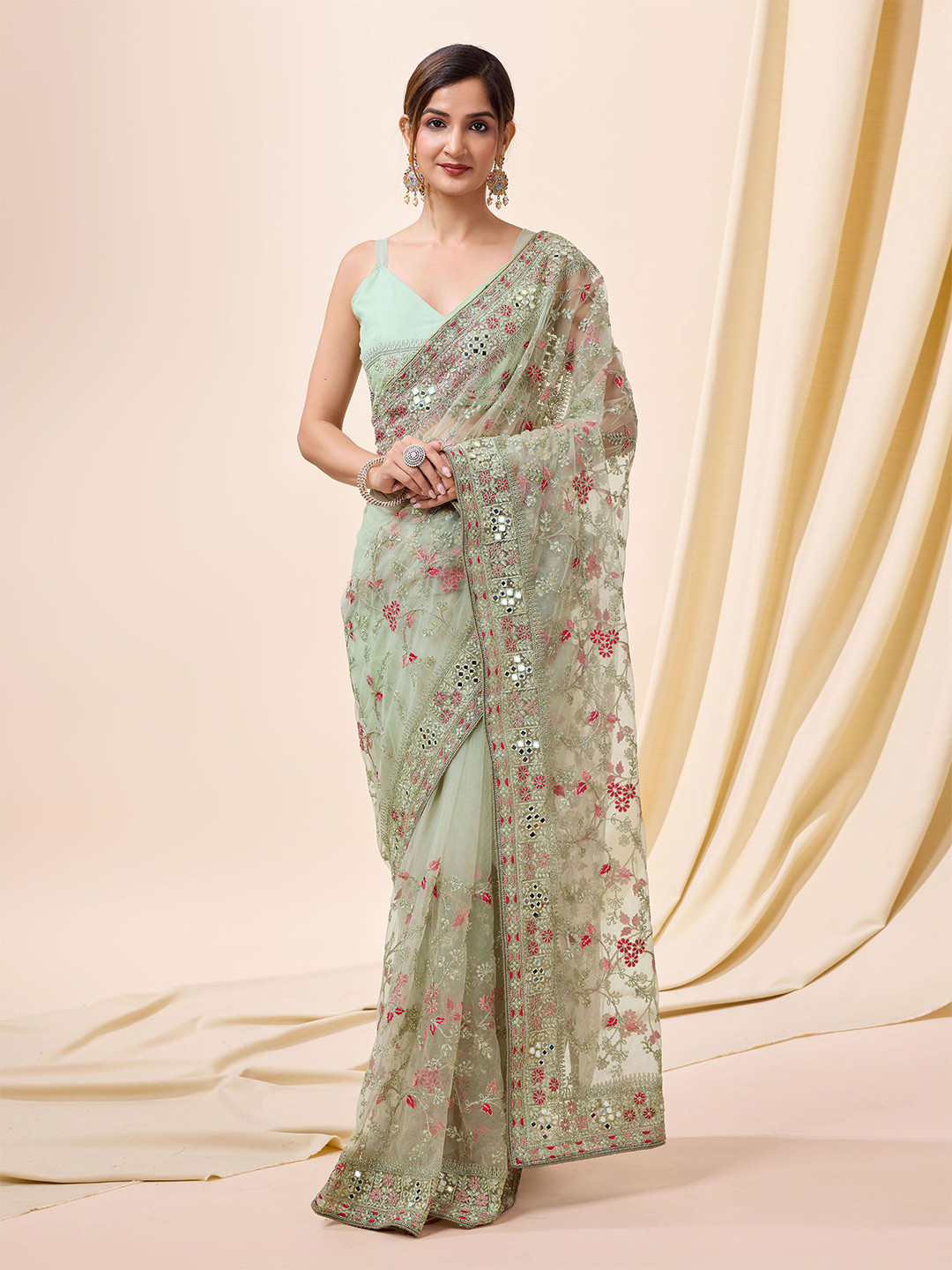 Buy Trendmalls Embellished Embroidered Net Heavy Work Saree - Sarees ...