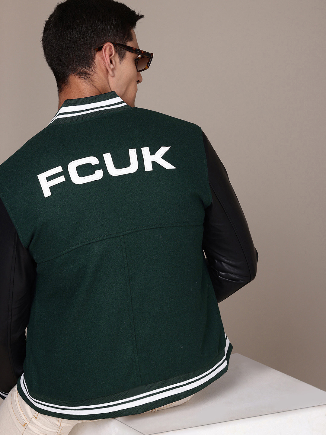 Buy FCUK Brand Logo Printed Mock Collar Varsity Jacket - Jackets for ...