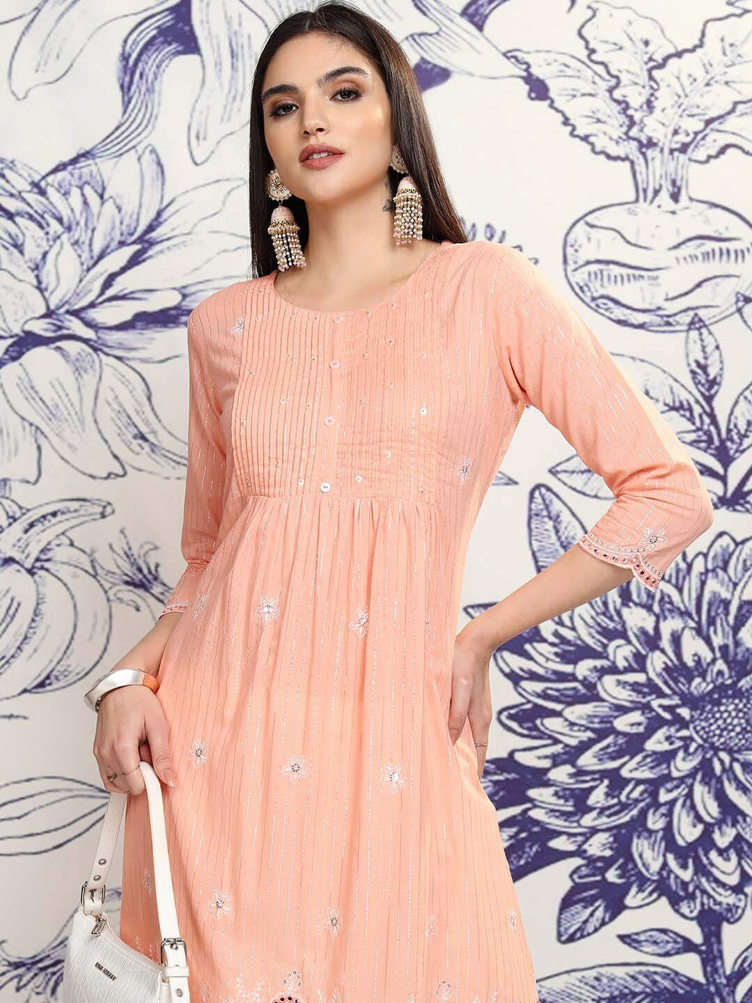 Buy Vishudh Peach Round Neck Floral Embroidered Regular Pure Cotton A ...