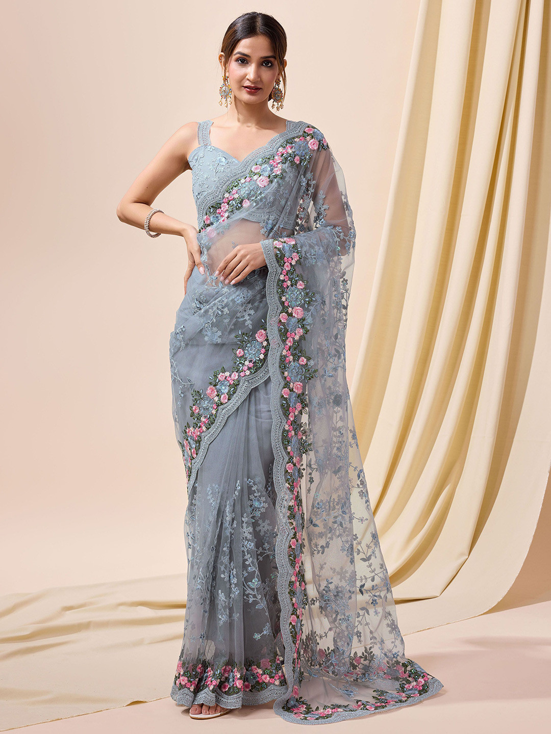Buy Trendmalls Embellished Sequinned Net Heavy Work Saree - Sarees for ...
