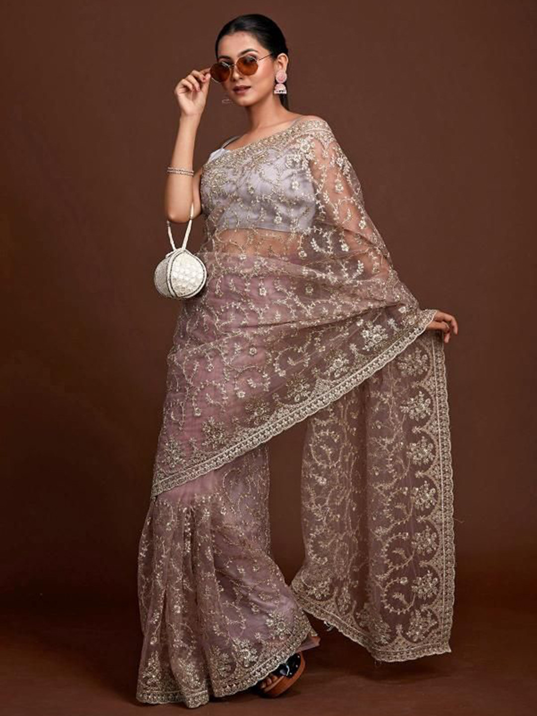 Buy Trendmalls Ethnic Motifs Sequinned Net Heavy Work Saree - Sarees ...