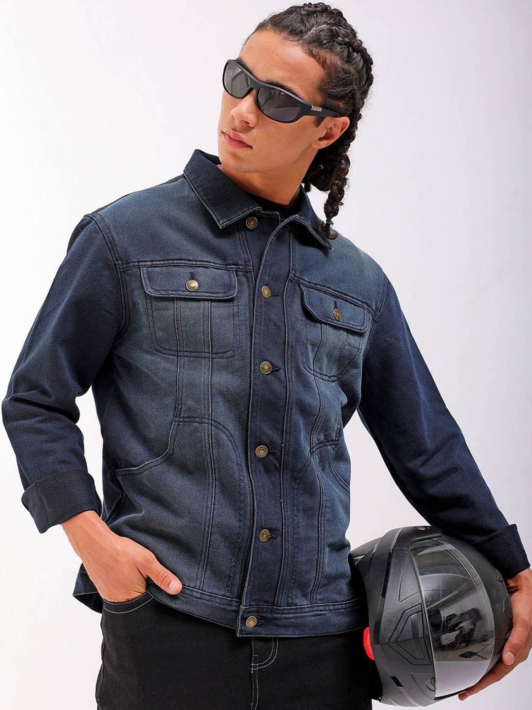 Buy The Indian Garage Co Washed Checked Crop Denim Jacket With ...