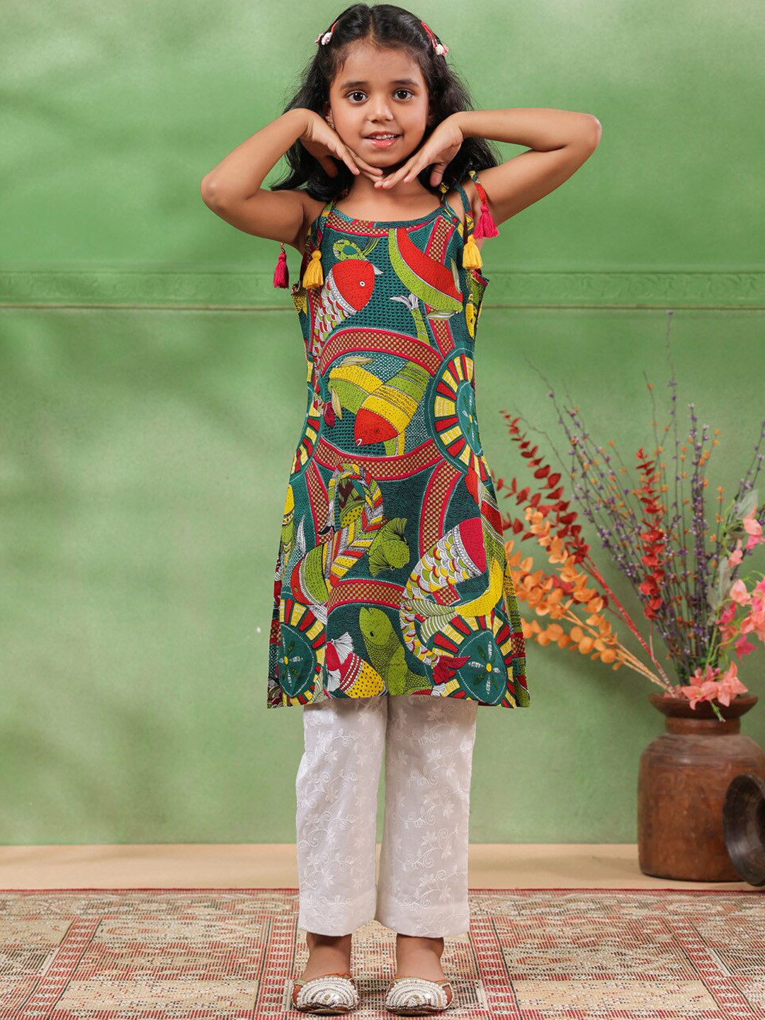 Buy Sangria Girls Green Ethnic Motifs Printed Shoulder Straps Pure ...