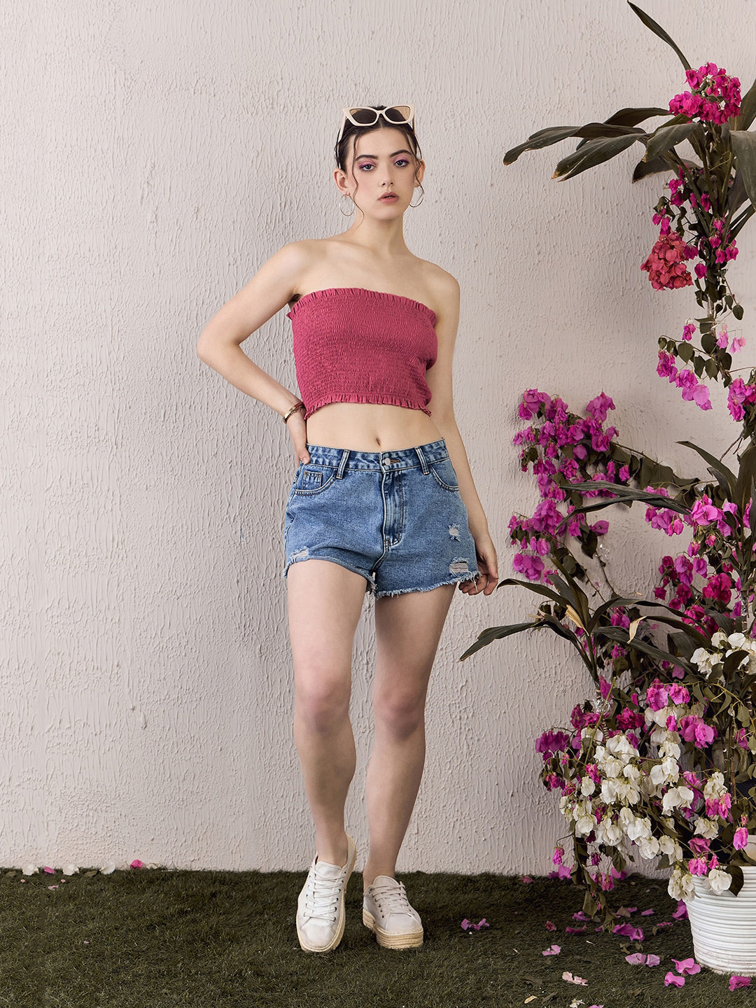 Buy Berrylush BASICS Pink Smocked Self Design Strapless Tube Crop Top ...