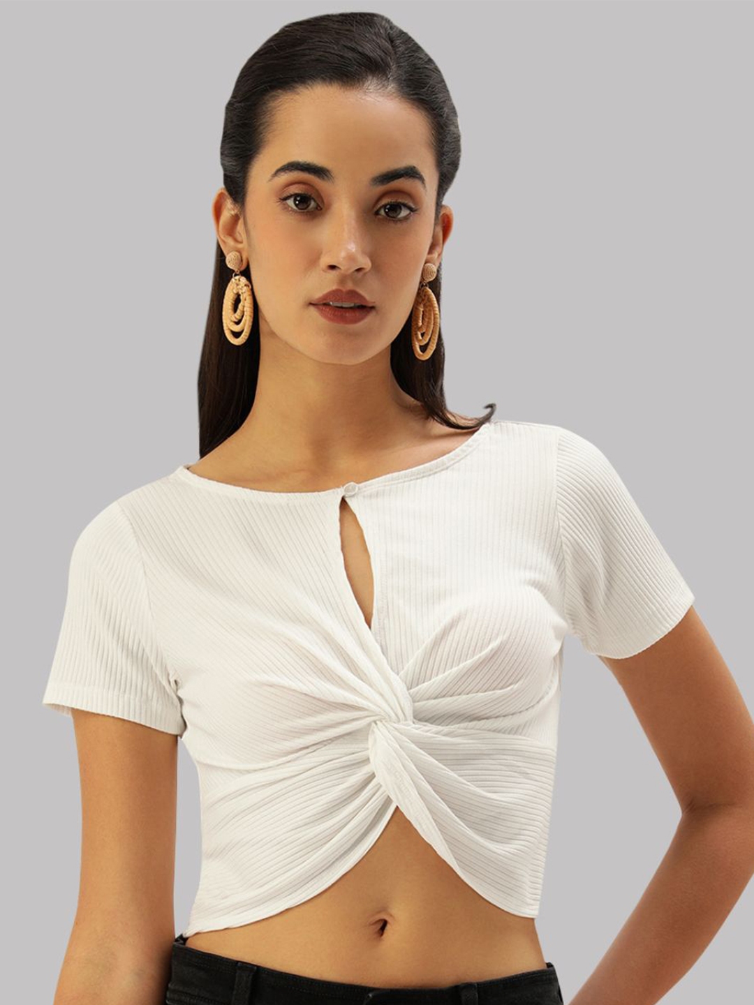 Buy Martini Vertical Stripes Self Design Keyhole Neck Twisted Crop Top