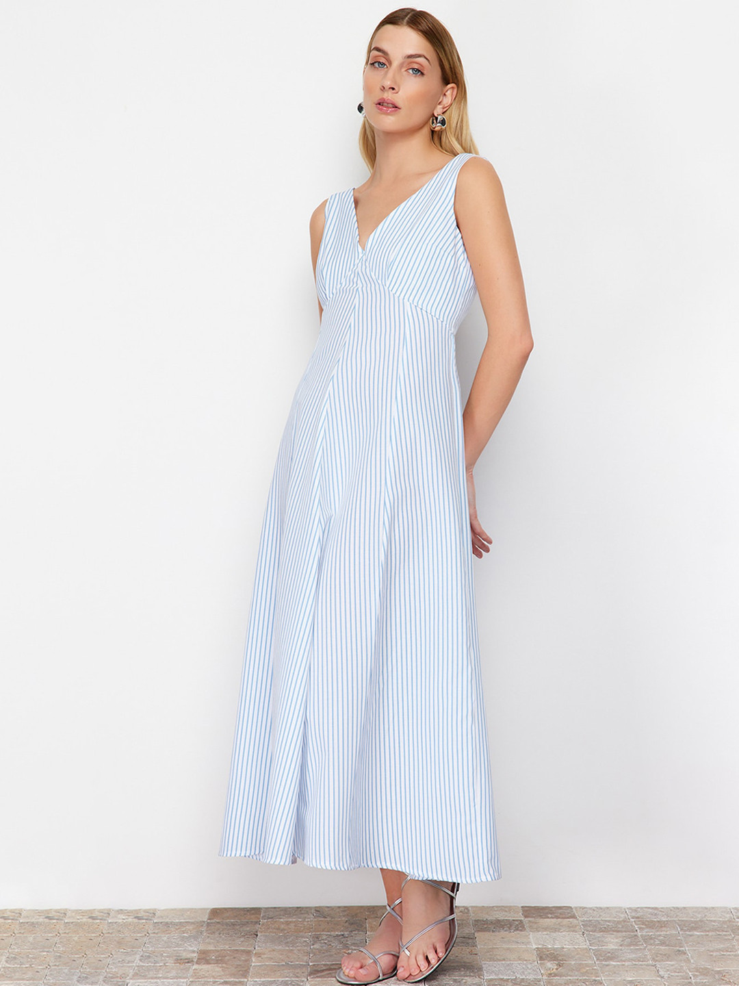 Buy Trendyol Women Sleeveless Cotton Striped A Line Maxi Dress ...