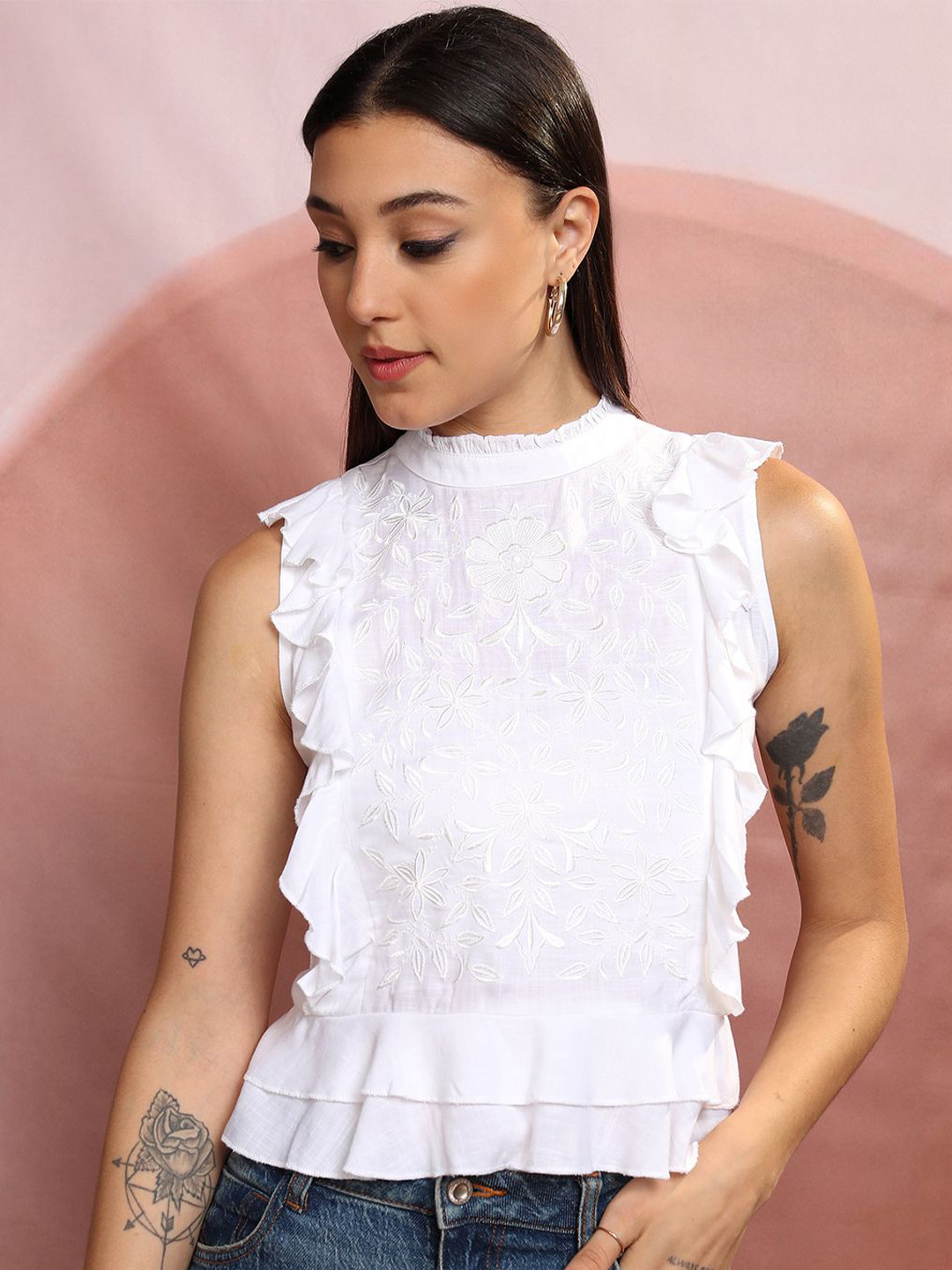 Buy Vishudh White Floral Embroidered High Neck Ruffled Tiered Top ...