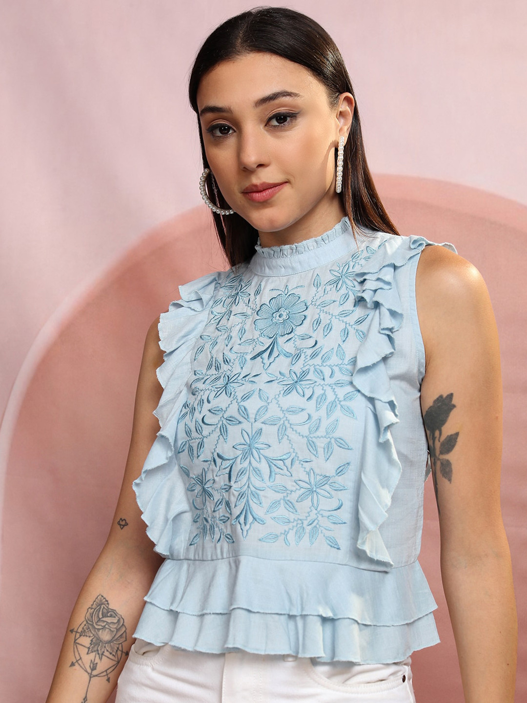 Buy Vishudh Blue Floral Embroidered High Neck Ruffled Tiered Top - Tops ...