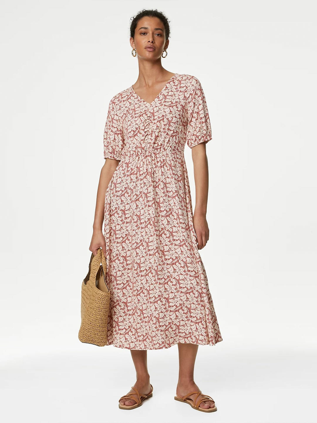 Buy Marks And Spencer Floral Printed Puffed Sleeves Fit And Flare Midi