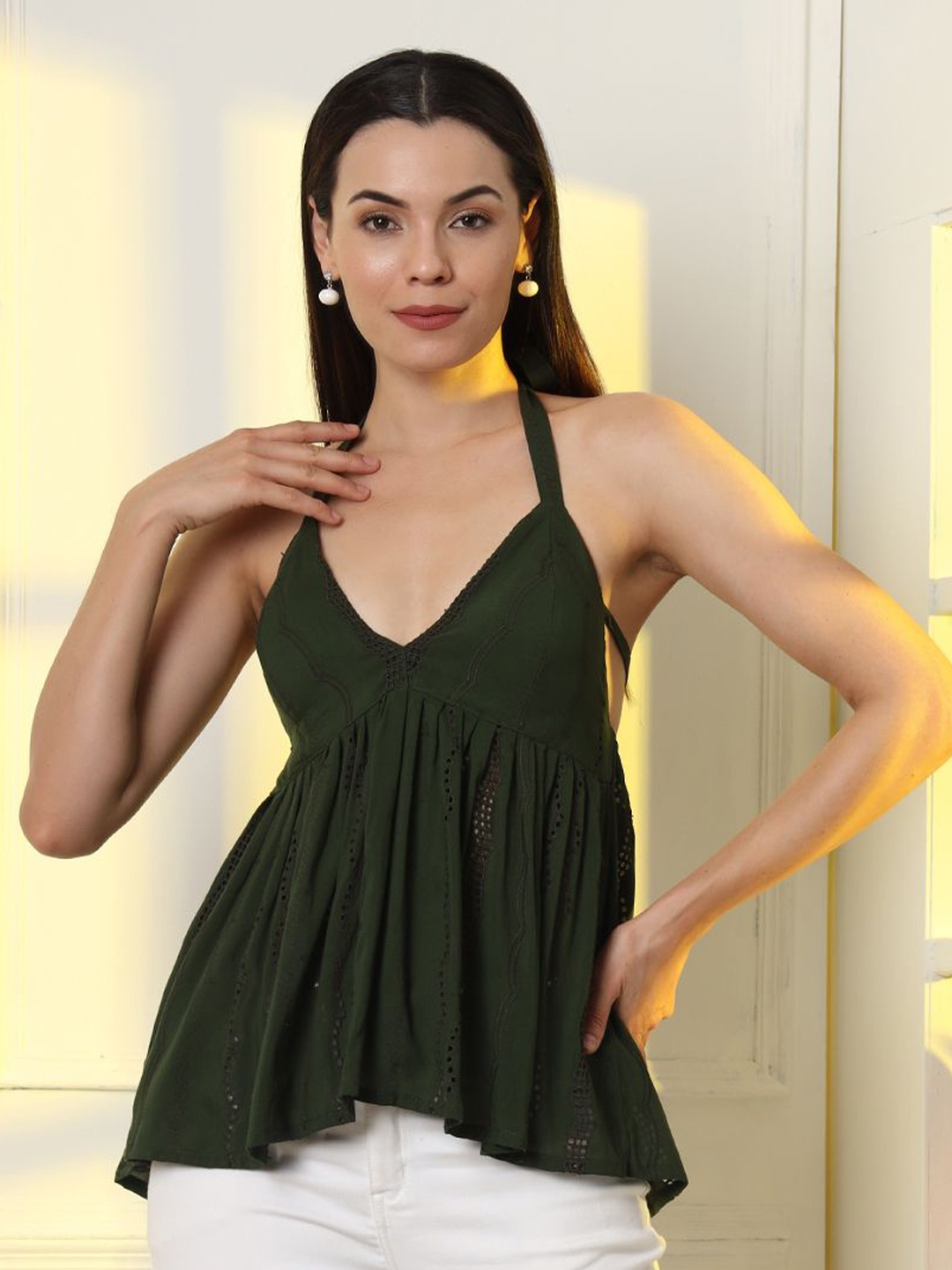 Buy Kalini Cotton Halter Neck Schiffli Empire Top Tops For Women 29803392 Myntra