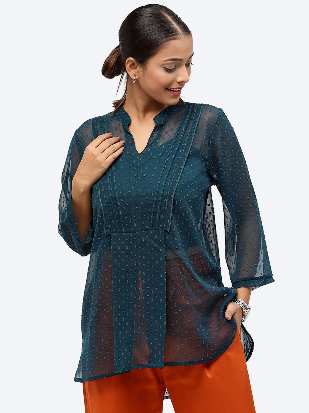 Buy Baawri Self Design Mandarin Collar Semi Sheer A Line Top - Tops for ...