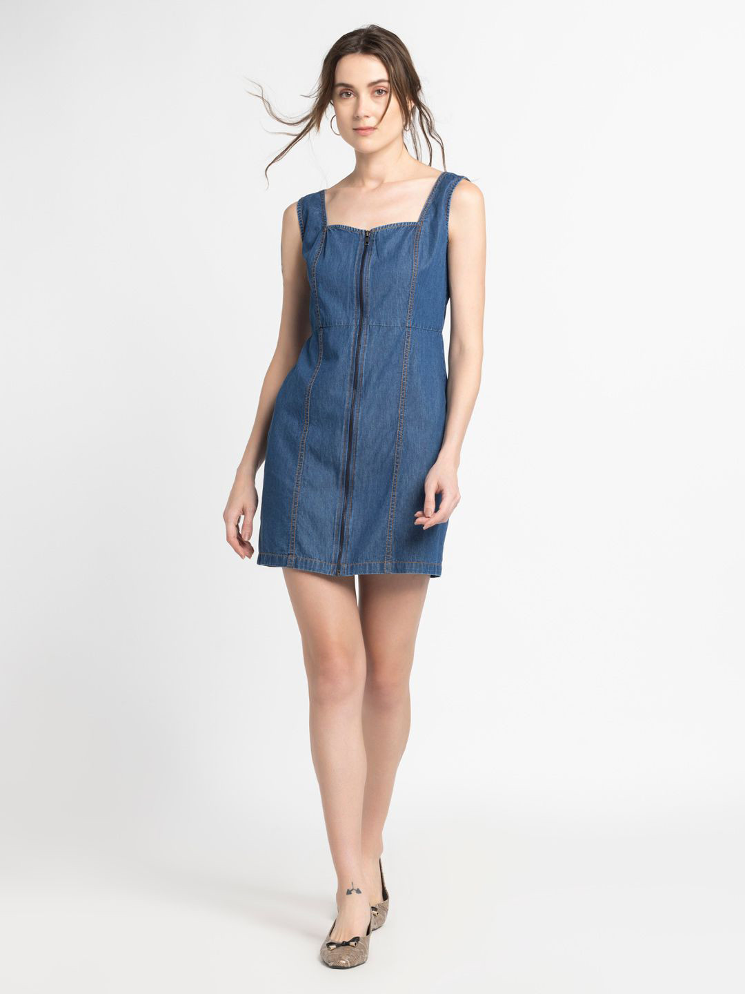 Buy SHAYE Sweetheart Neck Neck Sleeveless Denim Sheath Mini Dress ...