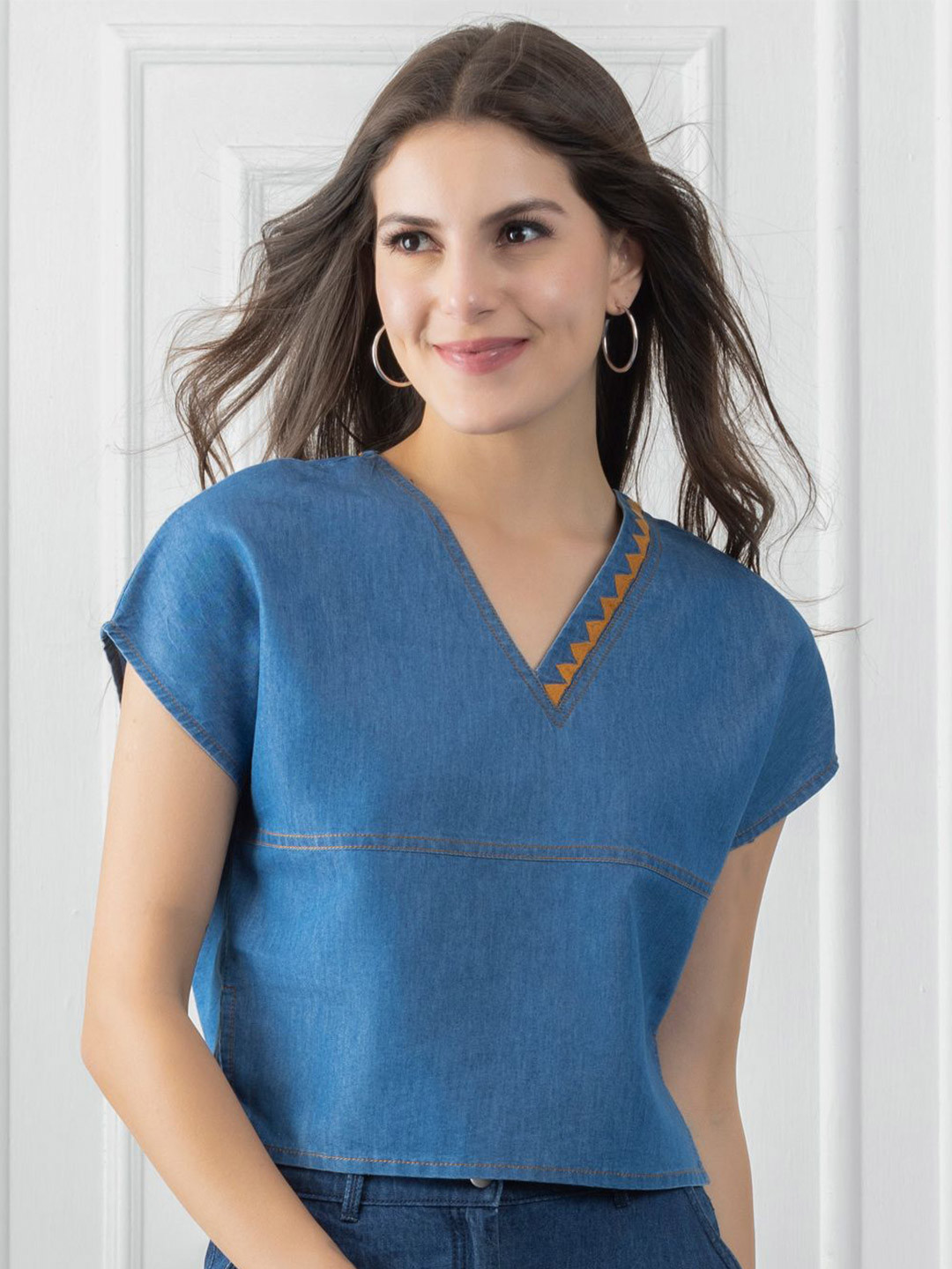 Buy SHAYE V Neck Extended Sleeves Embroidered Detail Denim Top - Tops ...