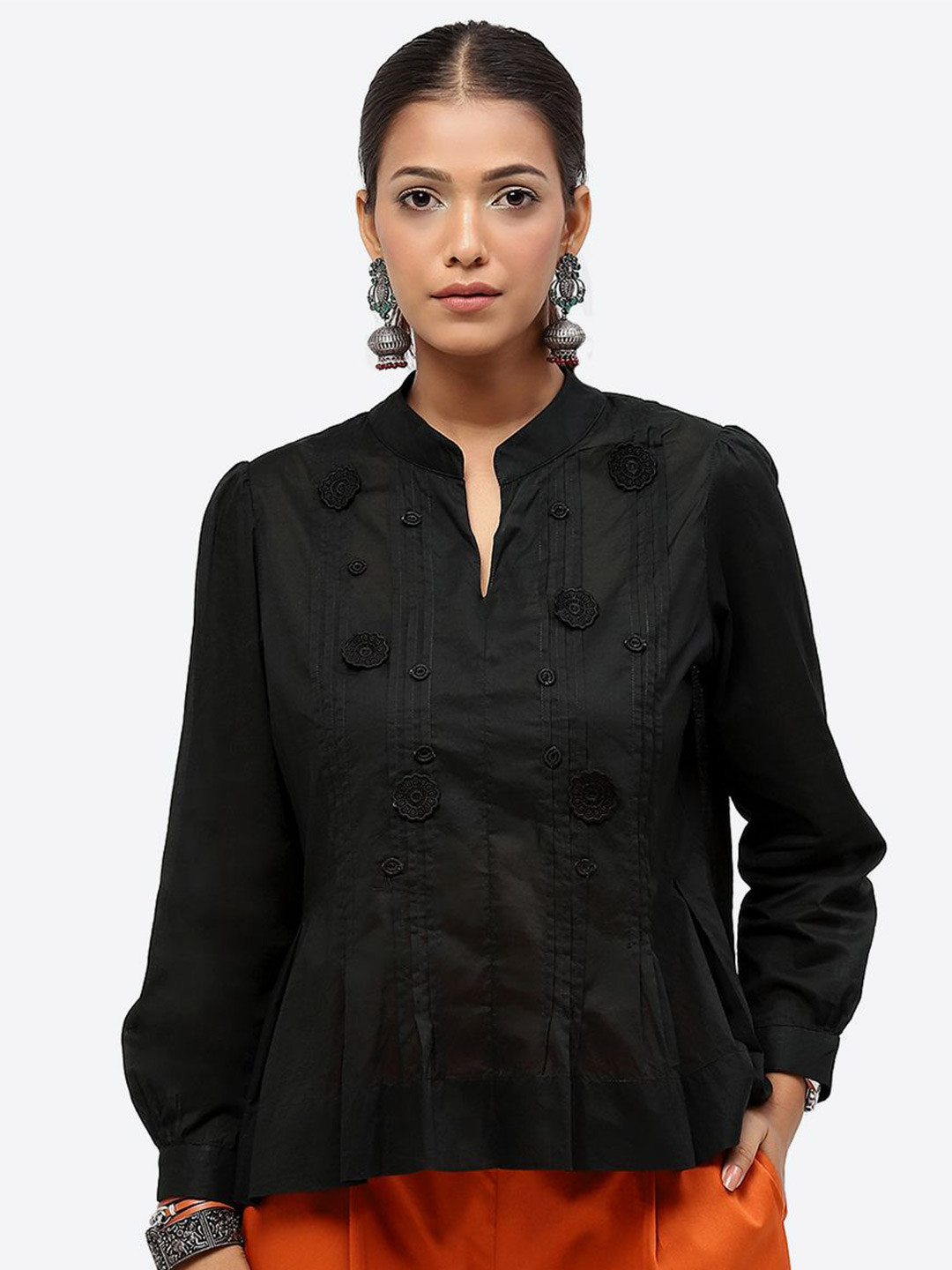 Buy Baawri Mandarin Collar Long Cuffed Sleeves Pure Cotton A Line Top ...