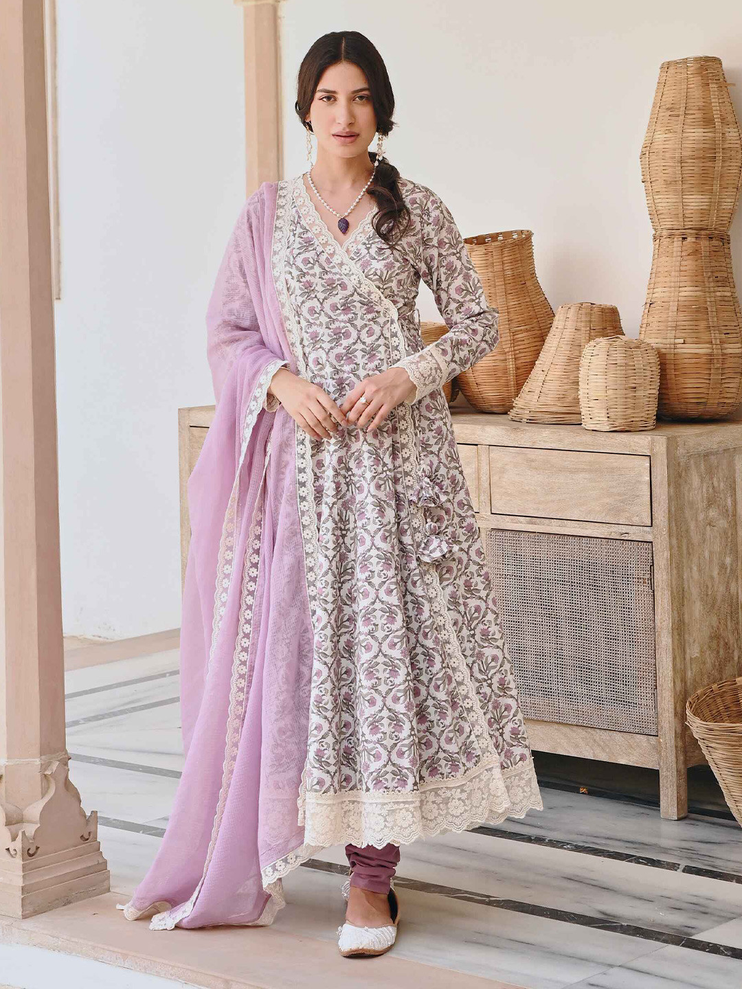 Buy KARAJ JAIPUR Floral Printed Angrakha Thread Work Pure Cotton Kurta ...
