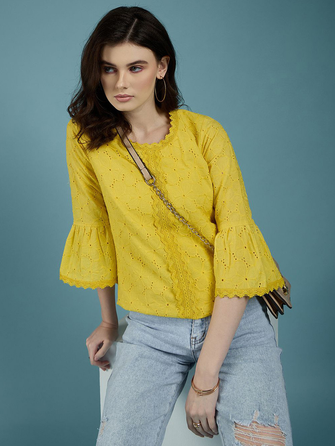 Buy DressBerry Yellow Self Design Schiffli Lace Inserts Bell Sleeves ...