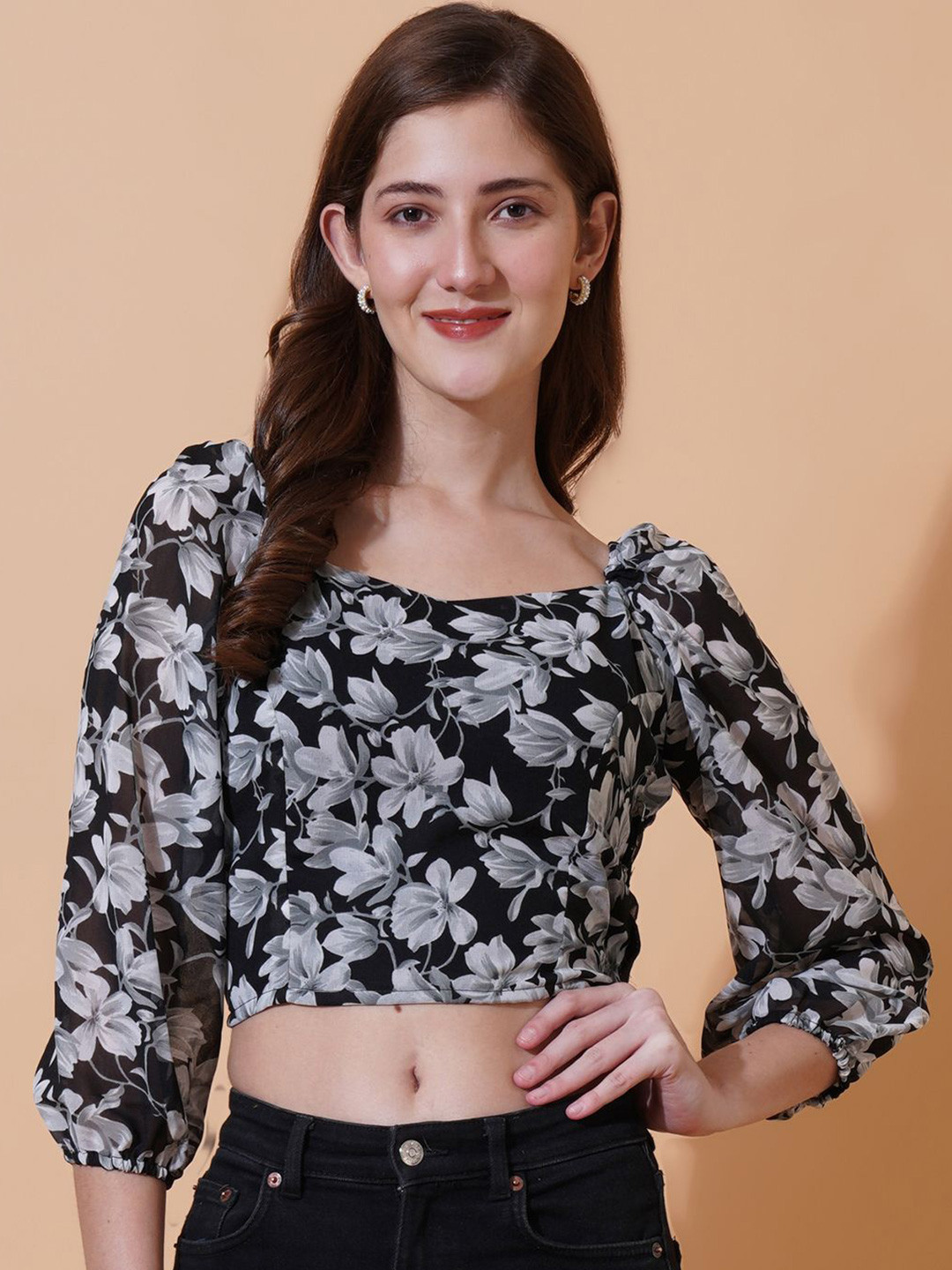 Buy U&F Floral Printed Puff Sleeves Smocking Georgette Crop Top - Tops ...