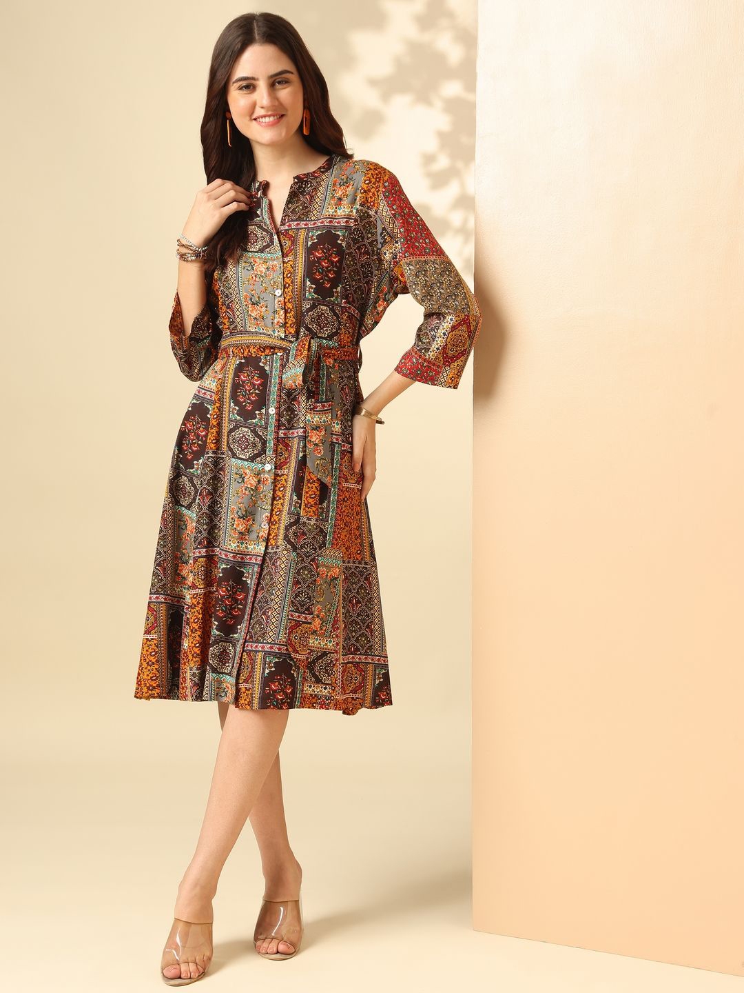Buy Anouk Ethnic Motifs Printed Mandarin Collar Tie Ups Detail A Line