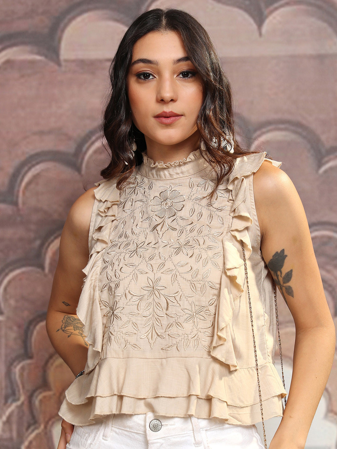 Buy Vishudh Beige Floral Embroidered High Neck Ruffled Tiered Top ...