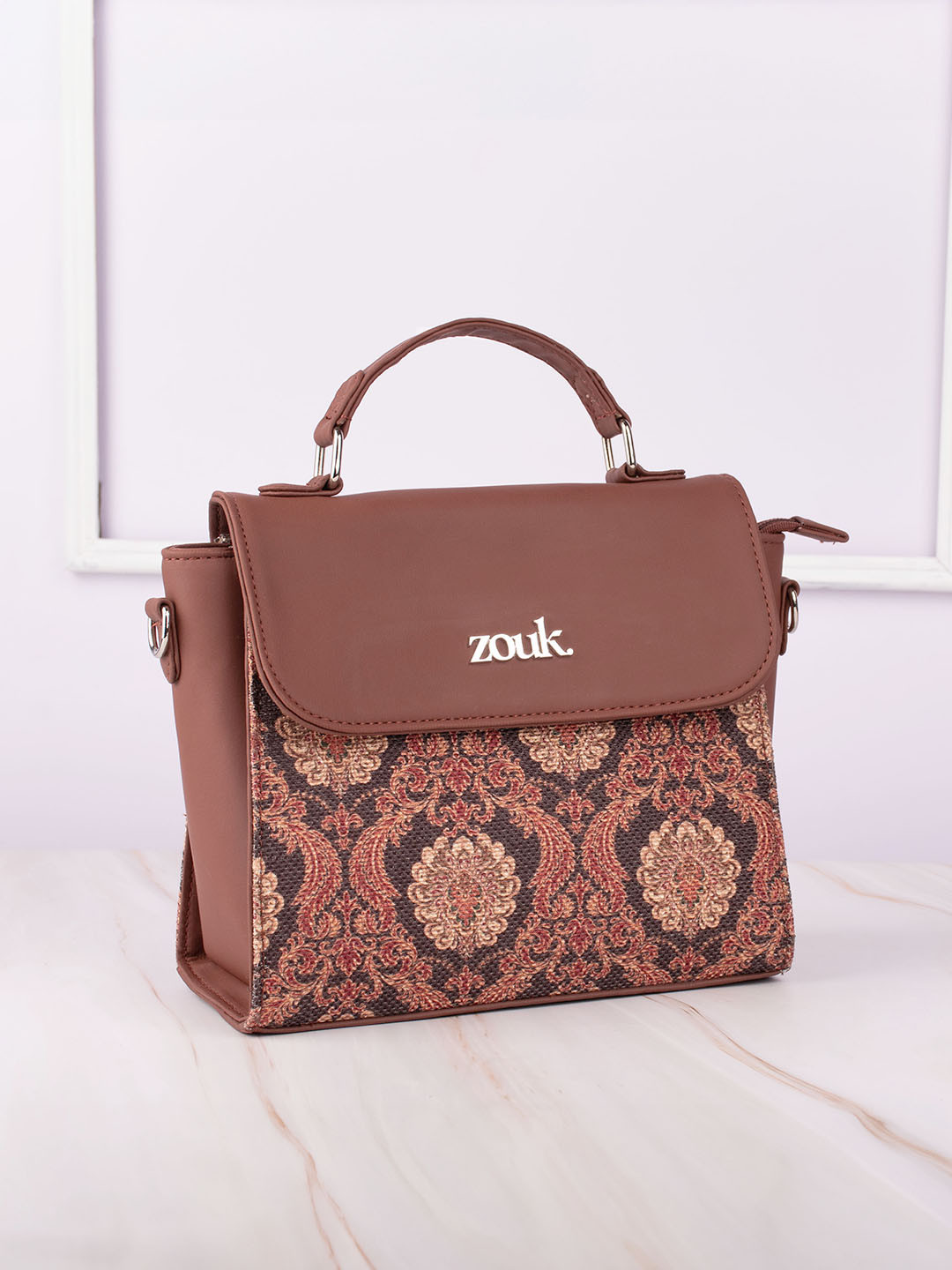 Buy ZOUK Jodhpur Damask Floral Printed Structured Handheld Bag ...