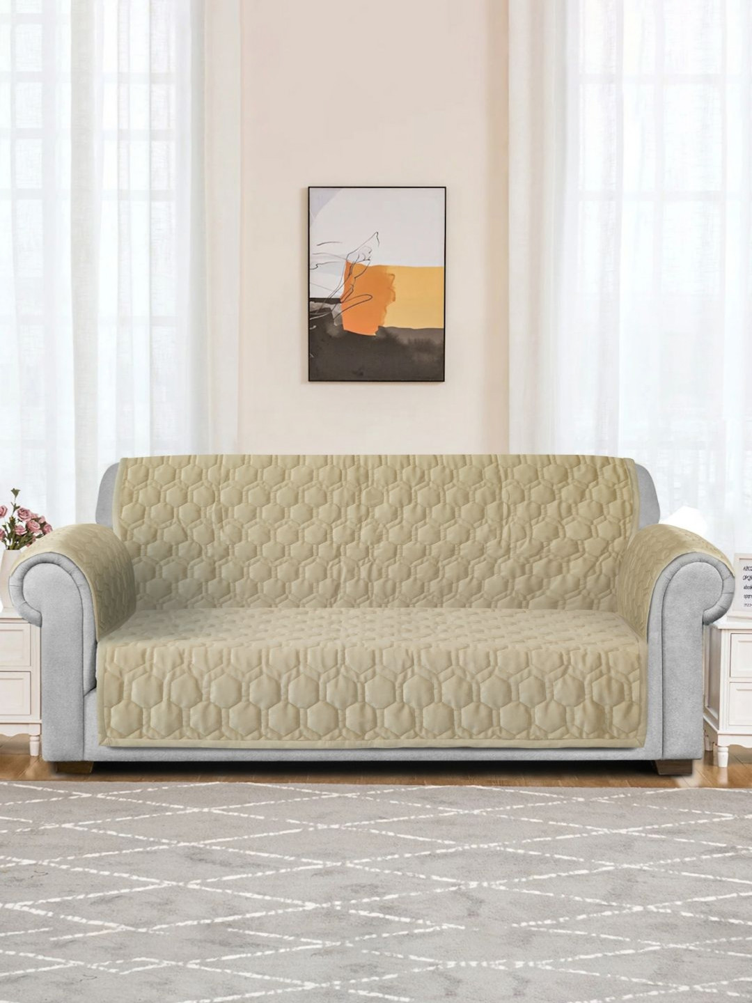 Buy Eyda Beige Honey Comb Quilted Velvet 2 Seater Anti Skid Sofa Cover ...