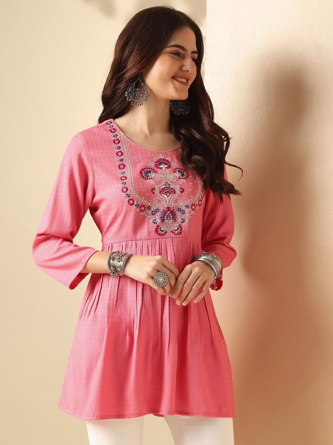 Buy Anouk Round Neck Self Design Embroidered A Line Top - Tops for ...