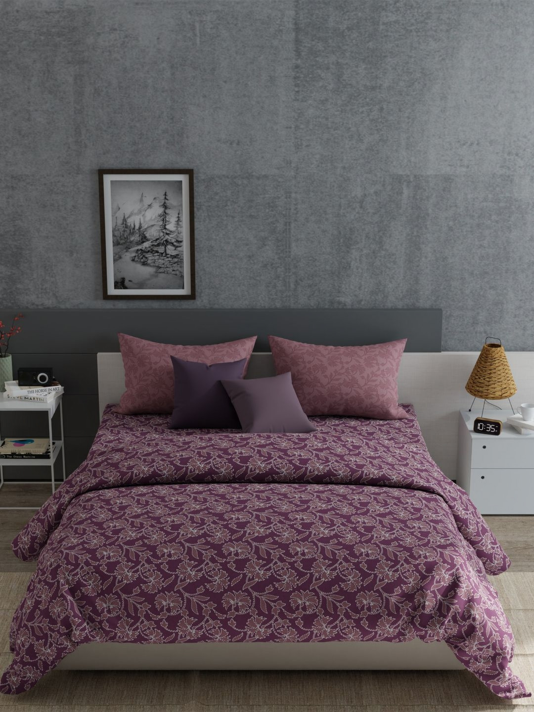 Buy MYTRIDENT Trident Purple Floral Printed Cotton 120 TC Queen Bedsheet With 2 Pillow Covers ...