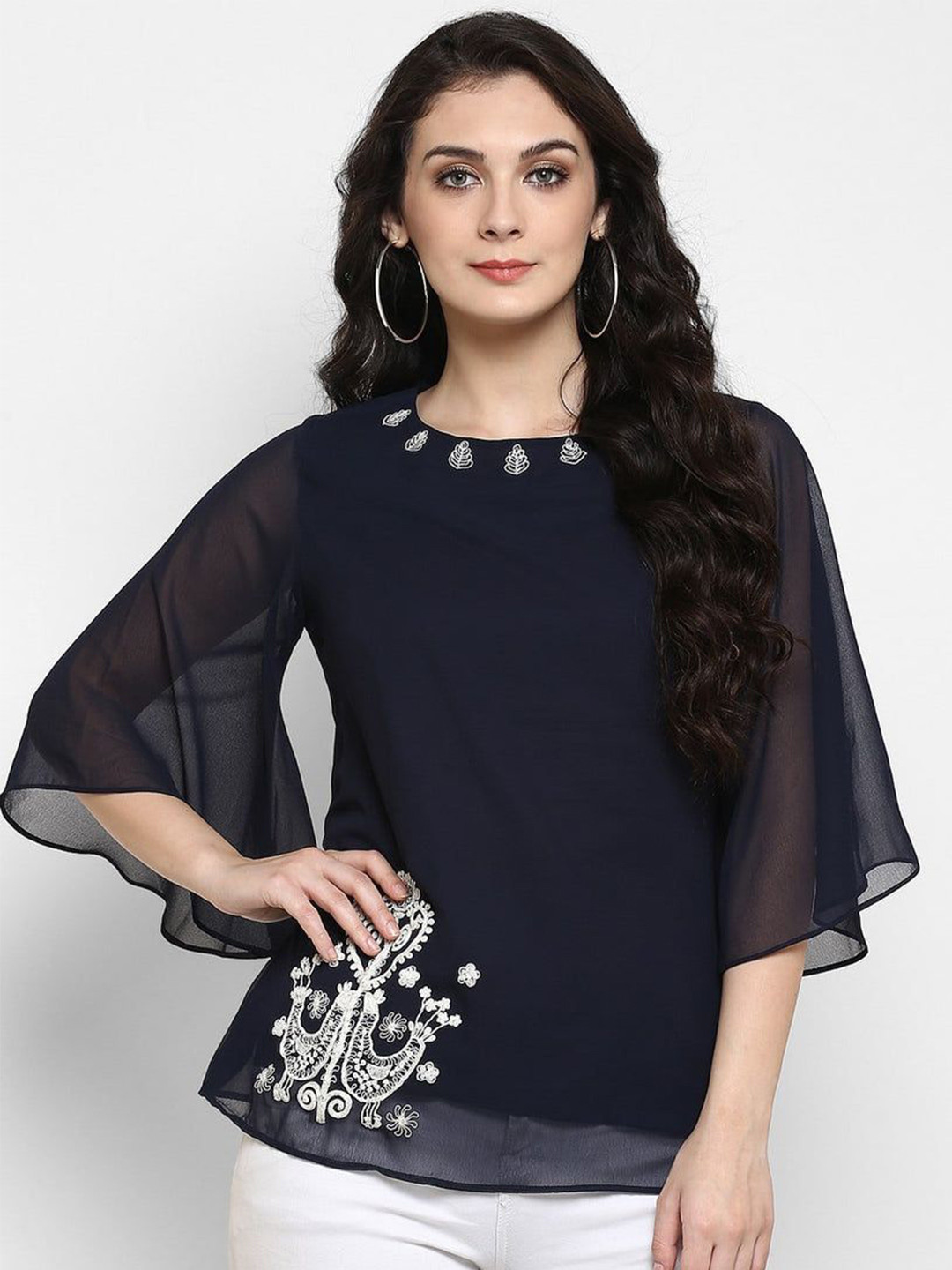 Buy Pannkh Embroidered Flared Sleeve Georgette Top - Tops for Women ...