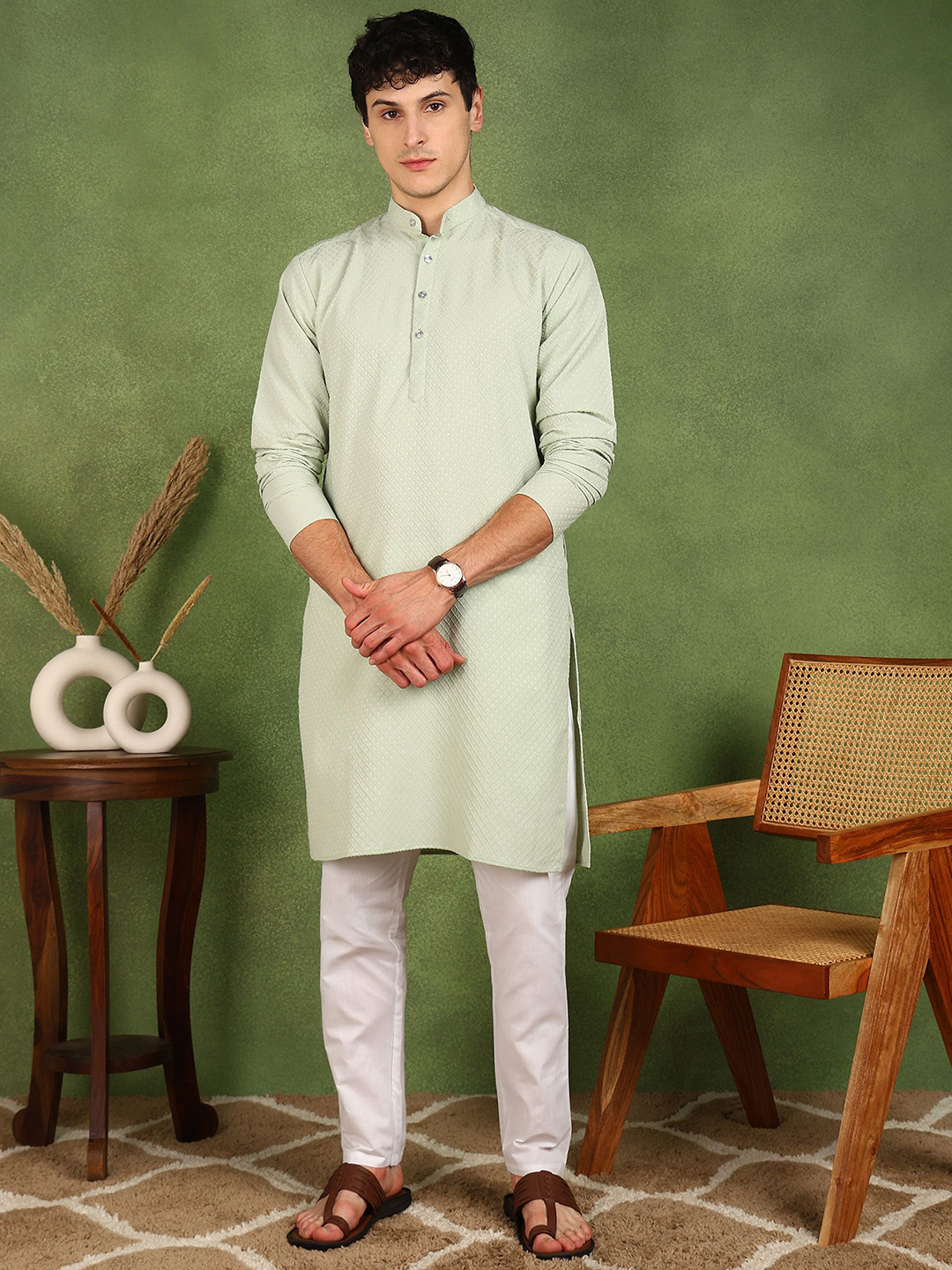 Buy FUBAR Geometric Embroidered Mandarin Collar Straight Kurta With ...