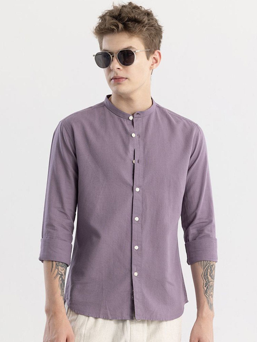 Buy Snitch Straight Slim Fit Mandarin Collar Shirt - Shirts for Men ...