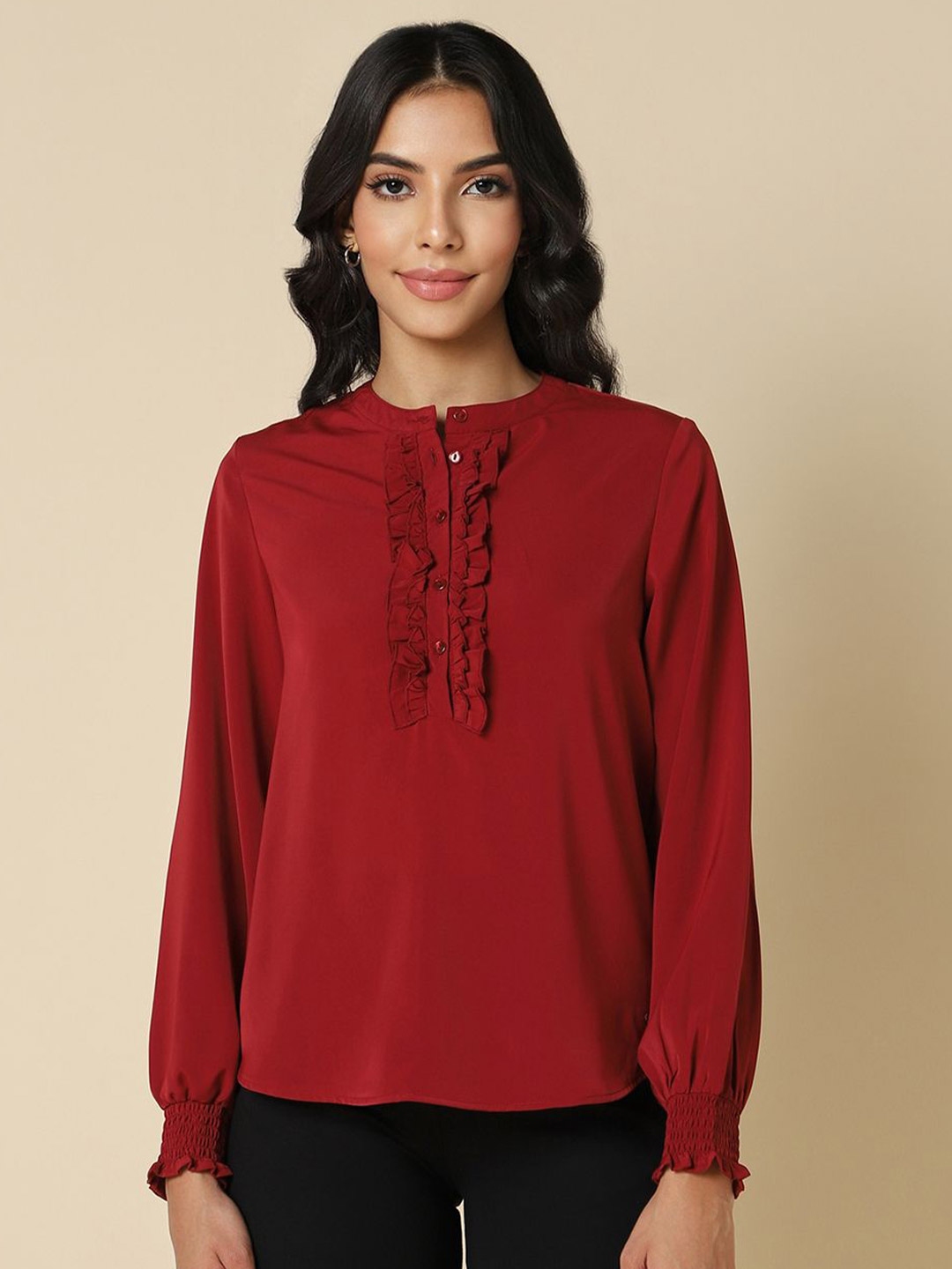 Buy Allen Solly Woman Mandarin Collar Ruffled Formal Shirt Shirts For