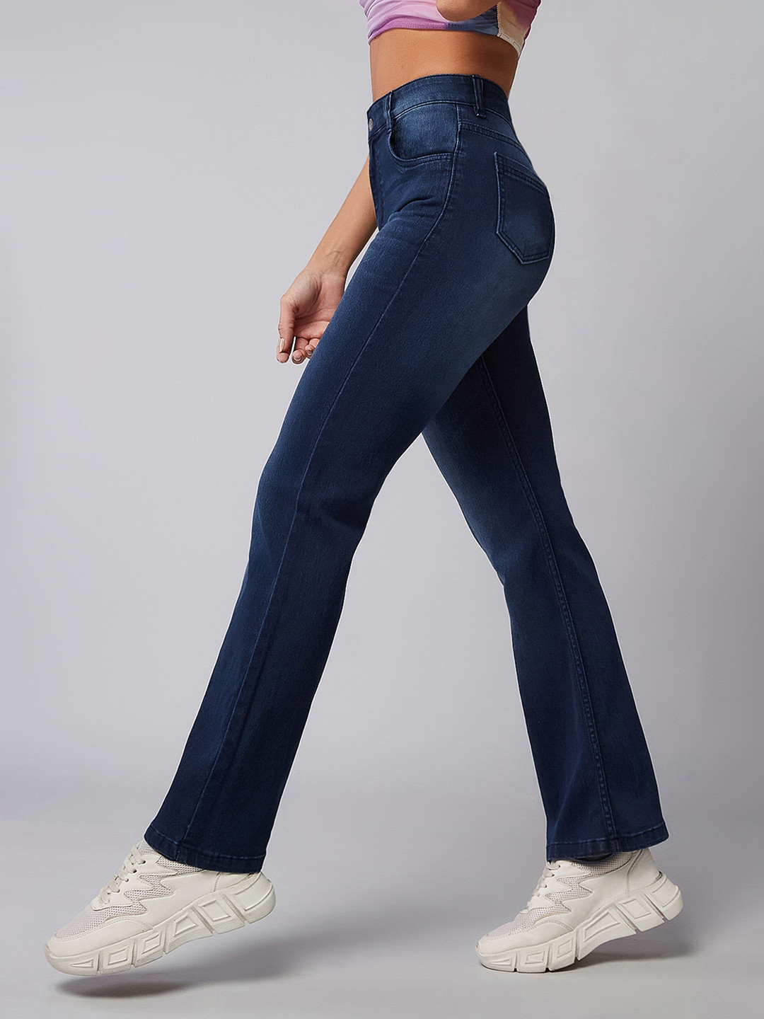 Buy DOLCE CRUDO Women Wide Leg Mid Rise Light Fade Stretchable Jeans ...
