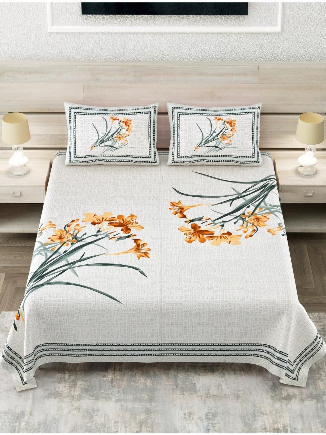 Buy Block Print Story White Floral Twill Cotton 210 TC King Bedsheet ...