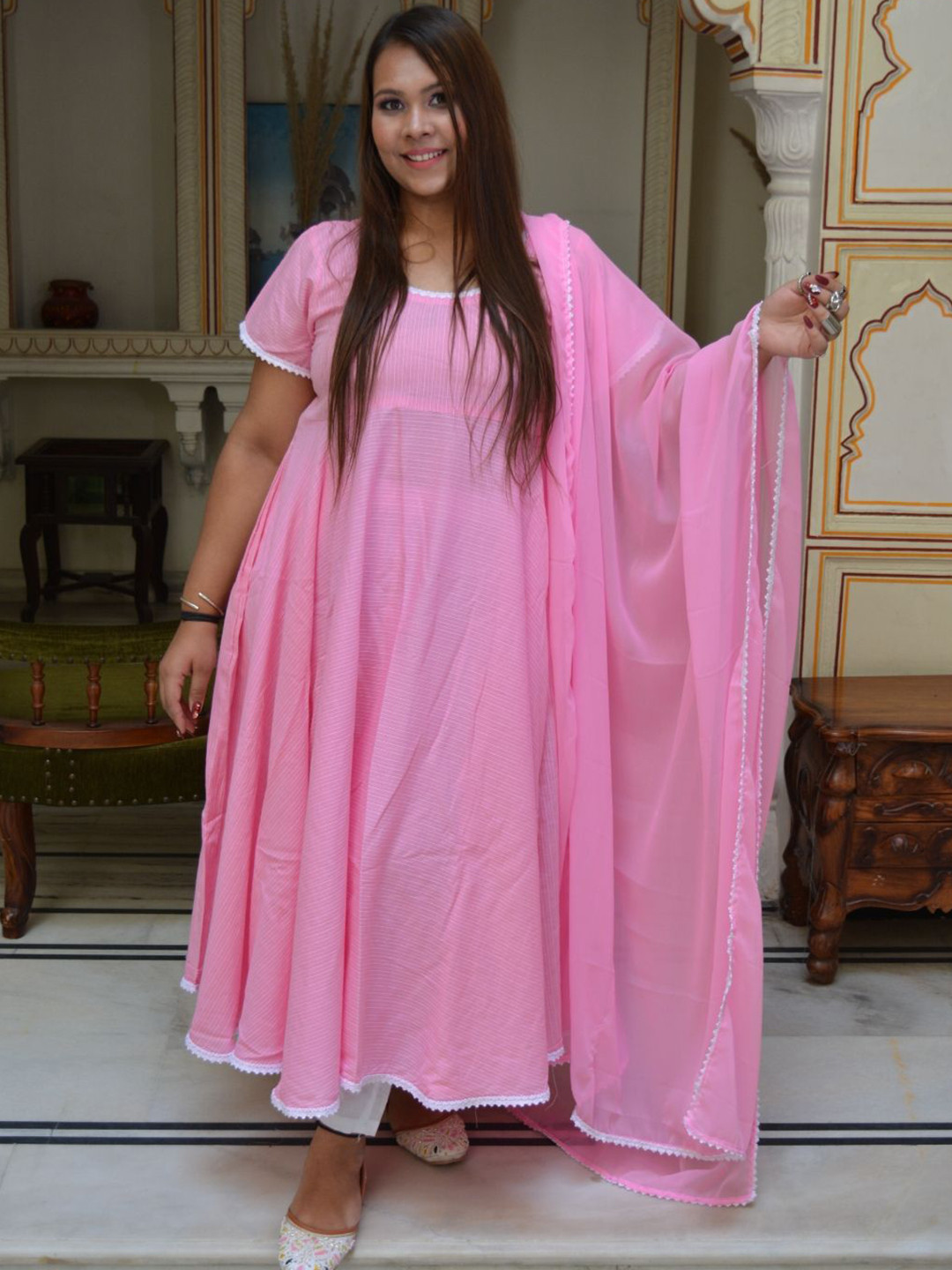 Buy Swadeshi Shringaar Striped Panelled Anarkali Kurta With Trousers ...