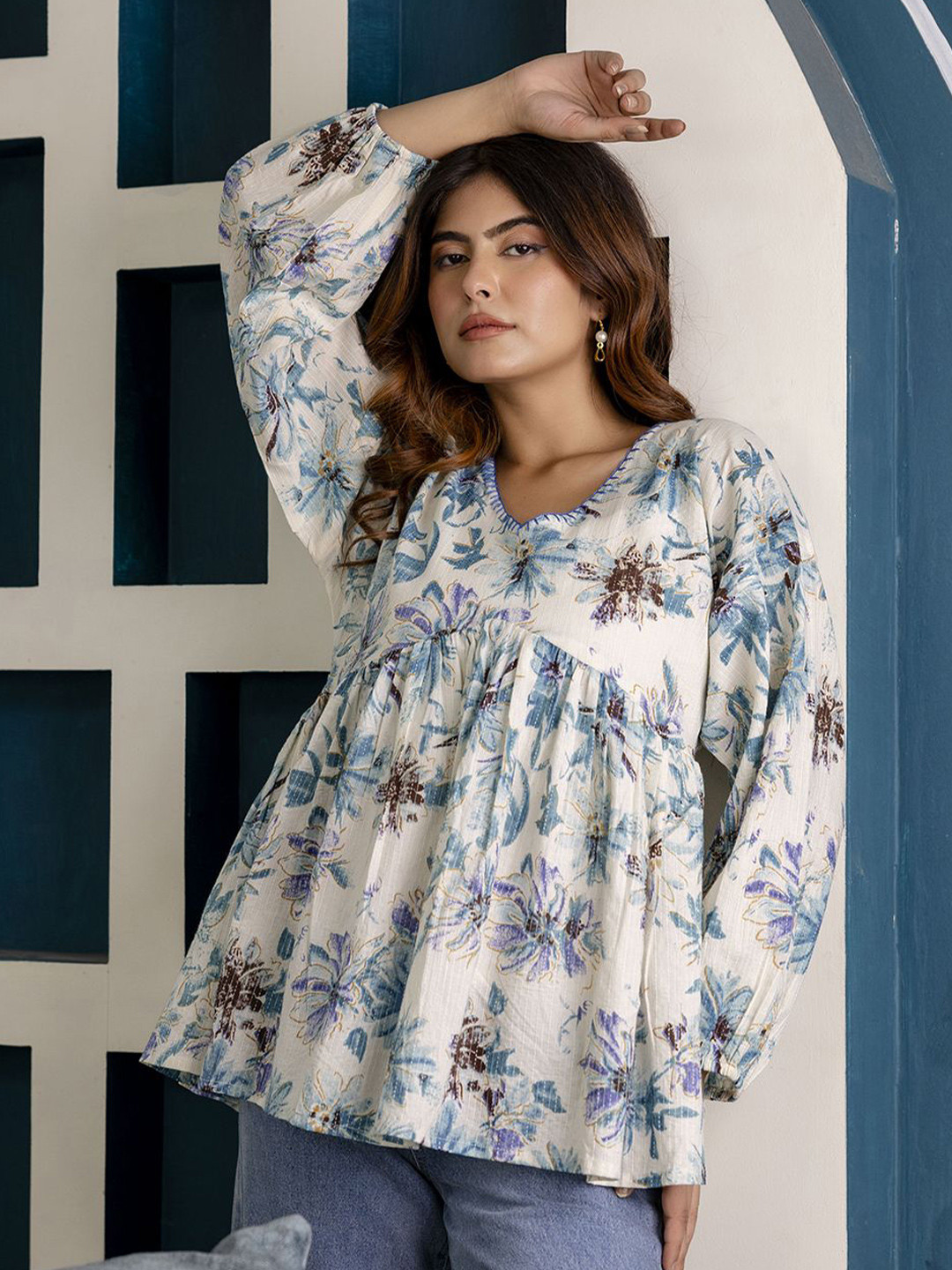 Buy Nayo Floral Printed Puffed Sleeves V Neck Cotton Peplum Tunic ...