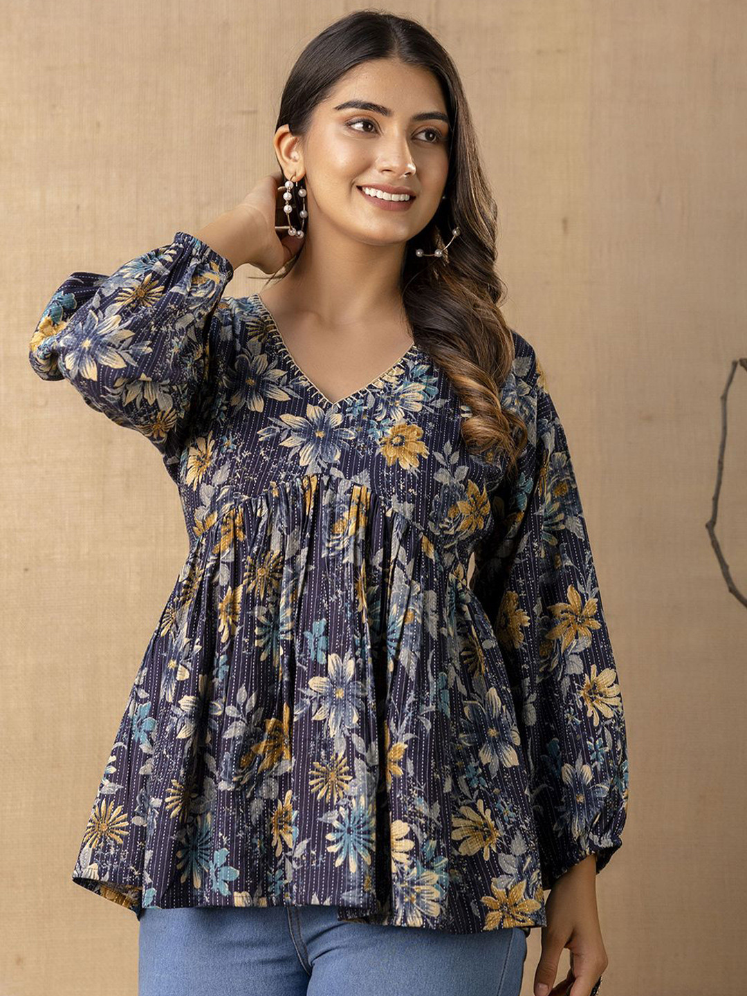 Buy Nayo Floral Printed Puffed Sleeves V Neck Cotton Peplum Tunic ...