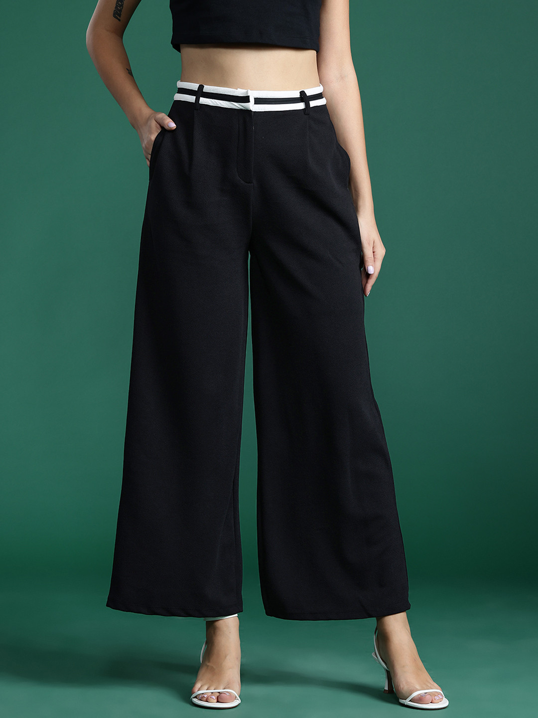 Buy DressBerry Bizwear Women Contrast Waist Pleated Trousers - Trousers ...