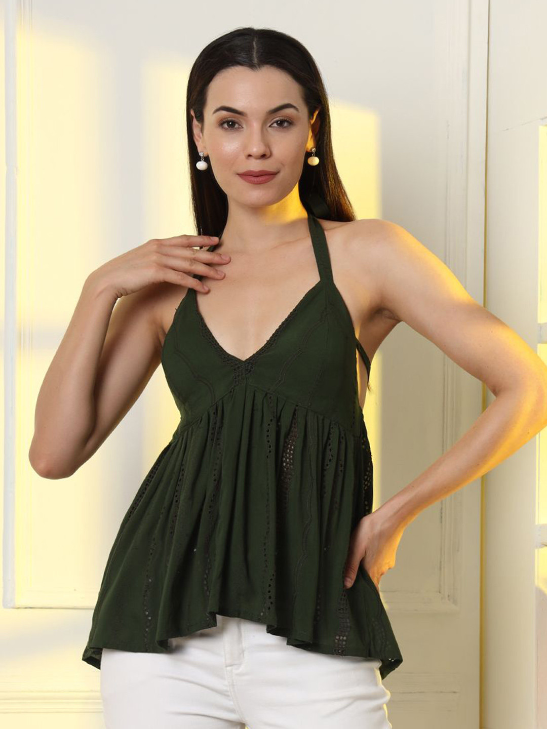 Buy Mitera Fluorescent Green Cotton Halter Neck Schiffli Styled Back ...